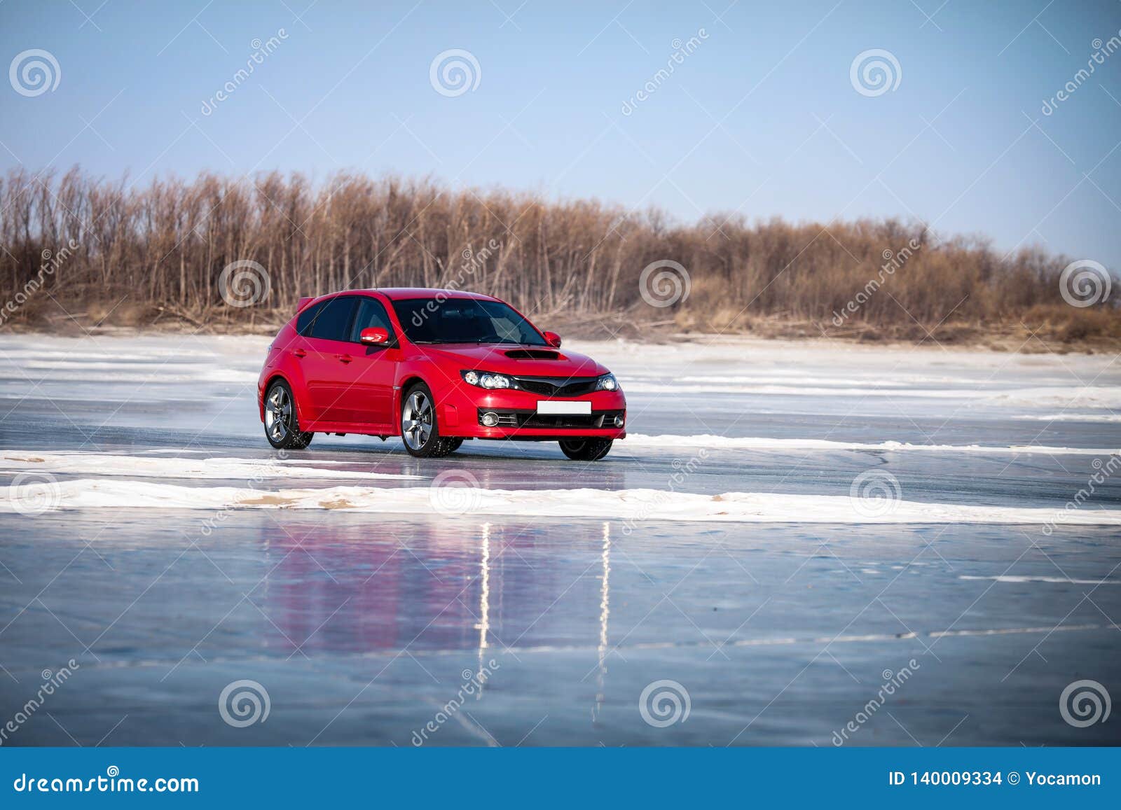 Red Car Moving by Ice of Frozen River Stock Photo - Image of frost ...