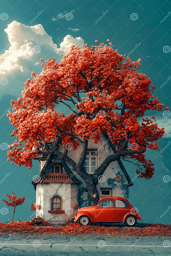 A Red Car Parked in Front of a House Under a Tree. Generative AI Stock ...