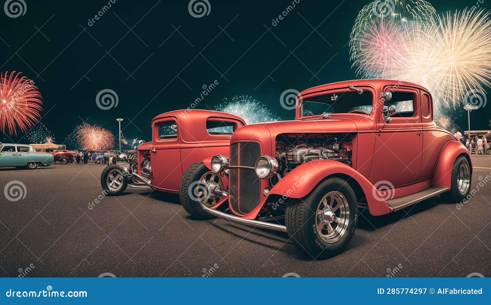 A Red Car Parked in a Parking with Fireworks Stock Image - Image of ...