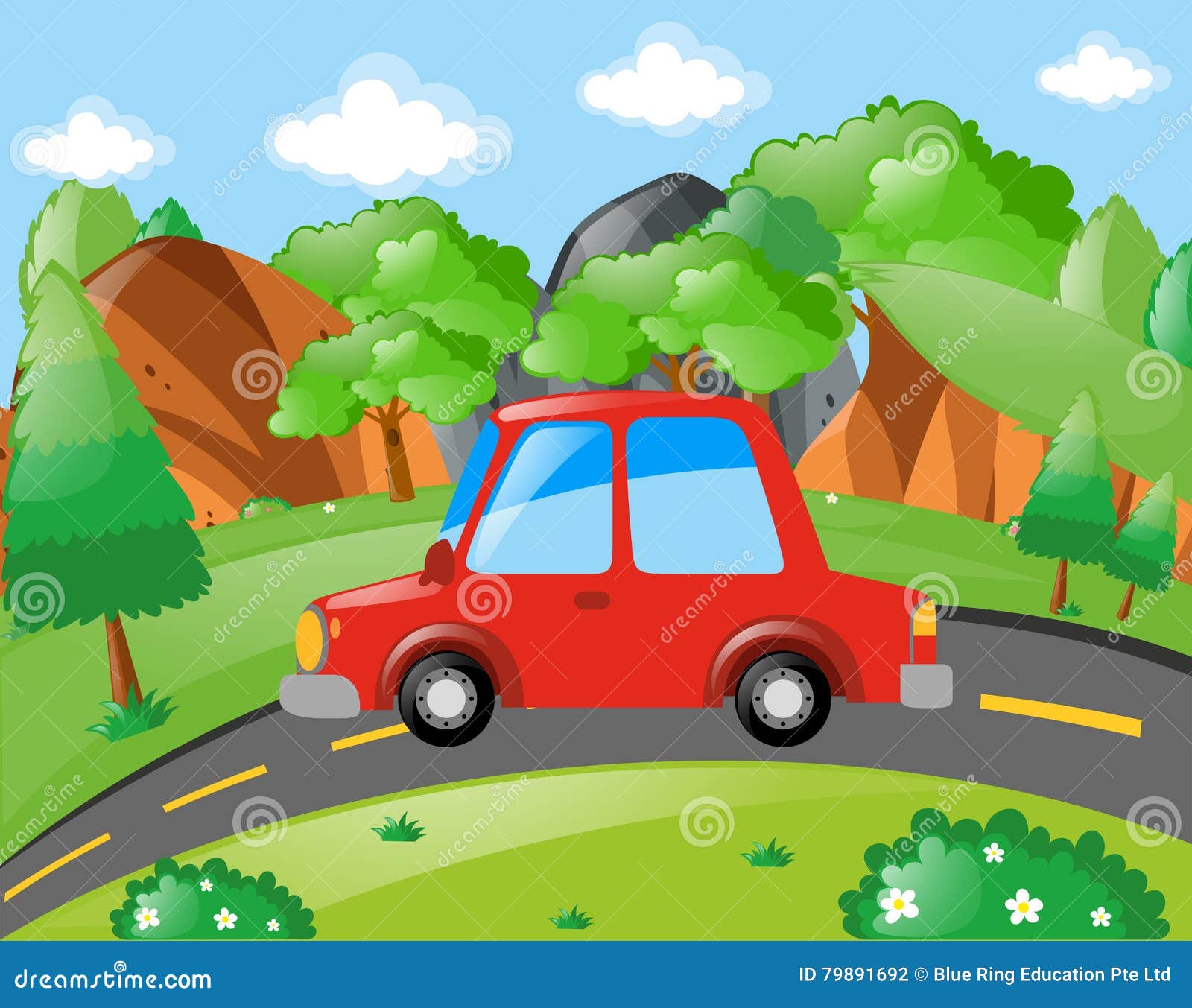 Red car riding on the road stock vector. Illustration of woods - 79891692