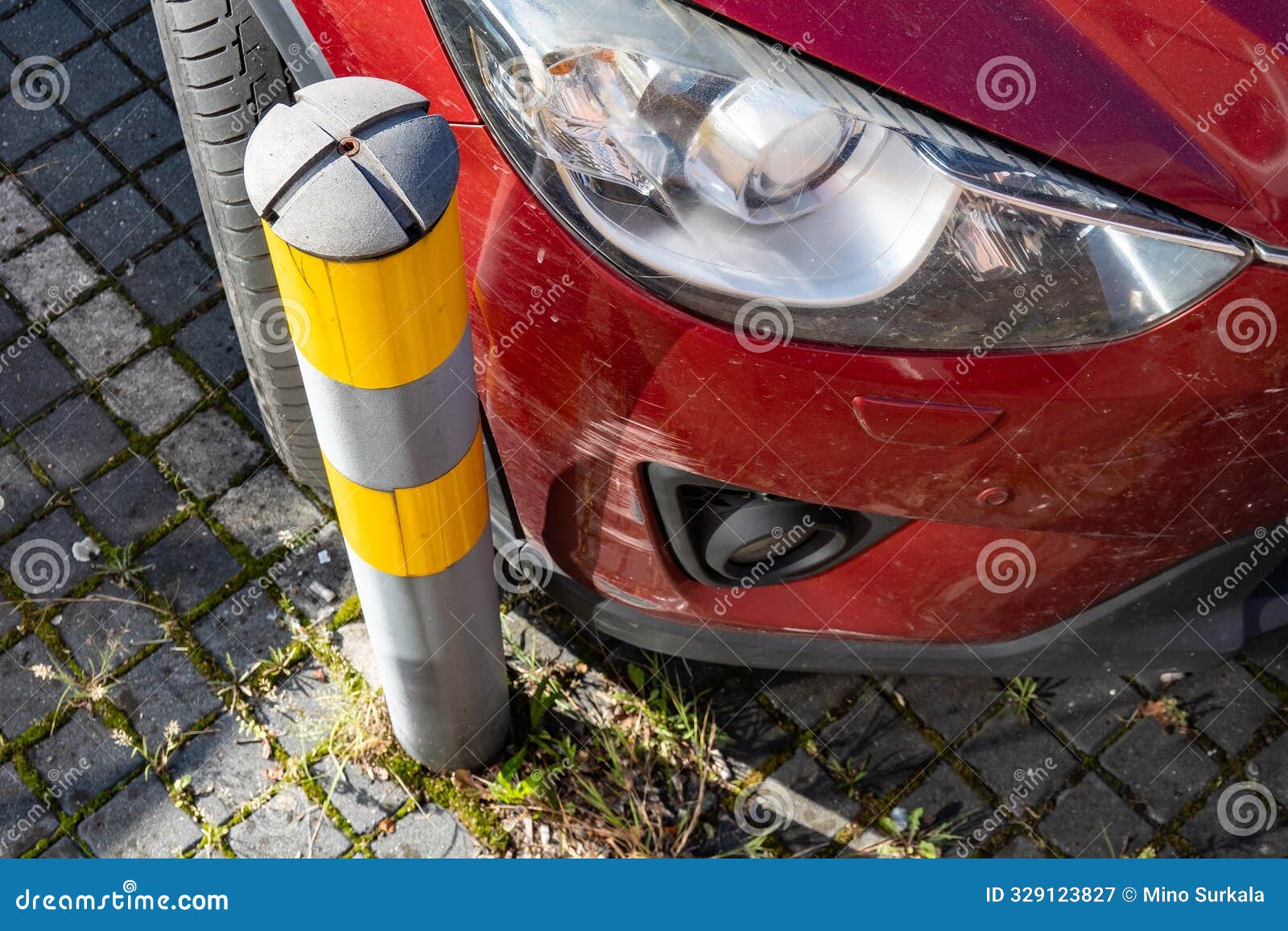 Red Car Scratched when Parking Near Pole Stock Image - Image of front ...
