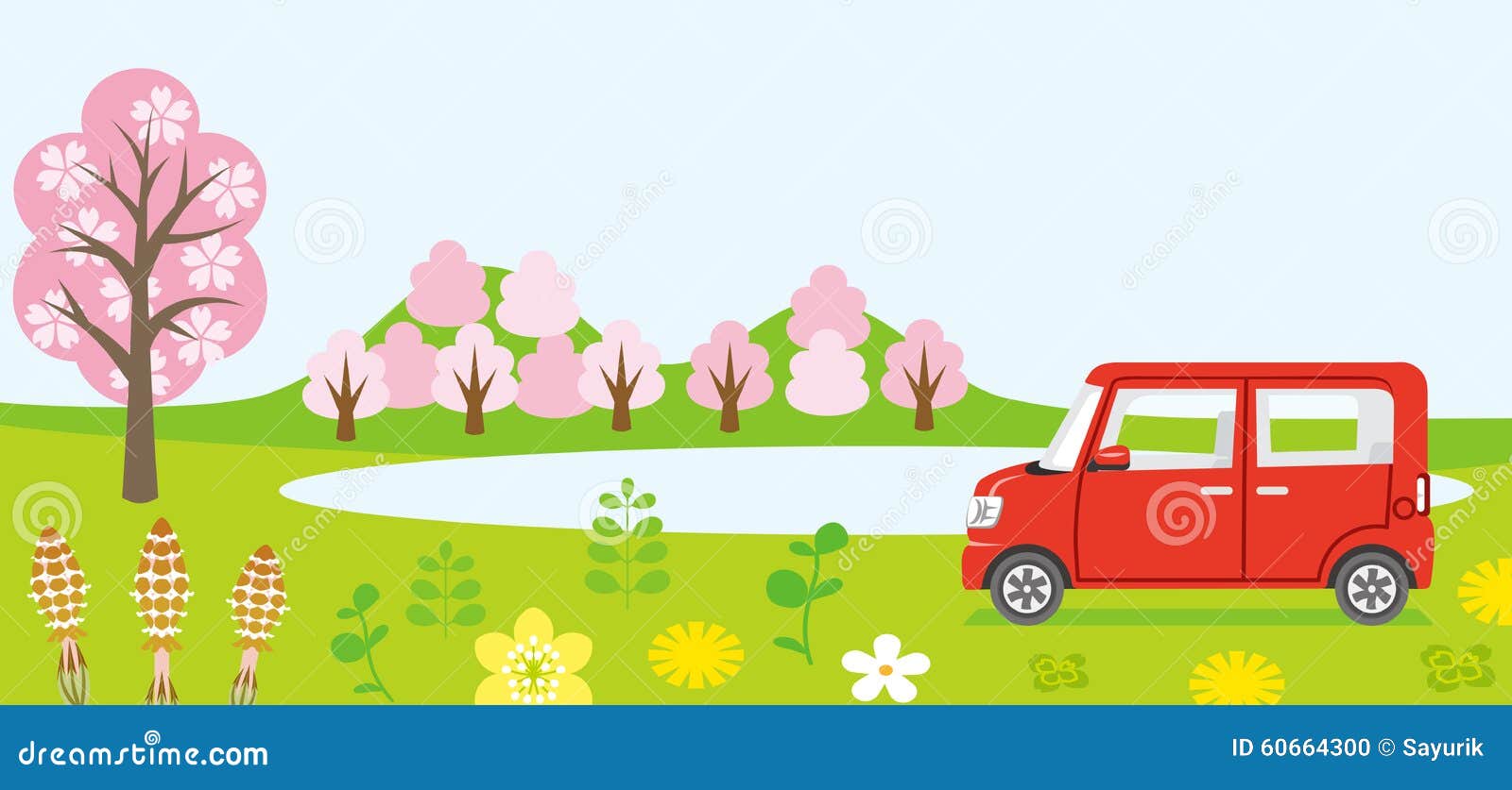 Red Car in spring nature stock vector. Illustration of motor - 60664300