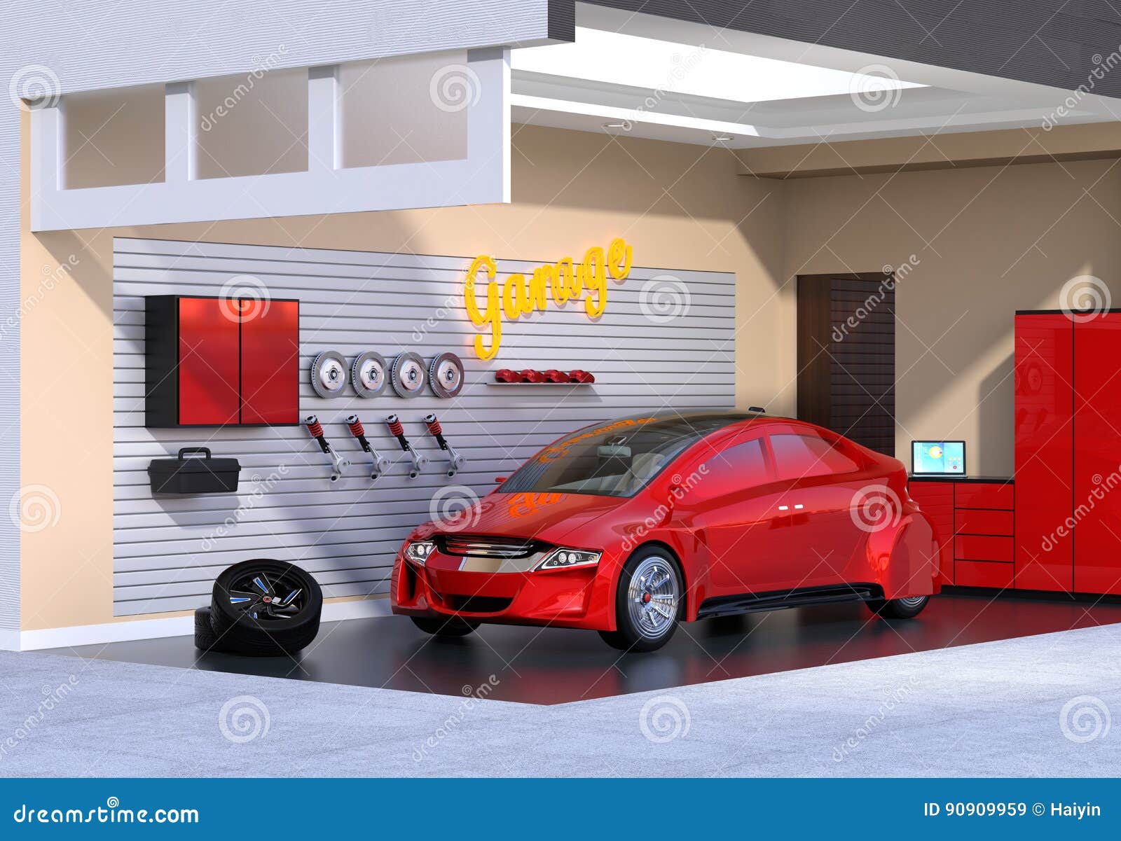 Red car in stylish garage stock illustration. Illustration of shelf ...