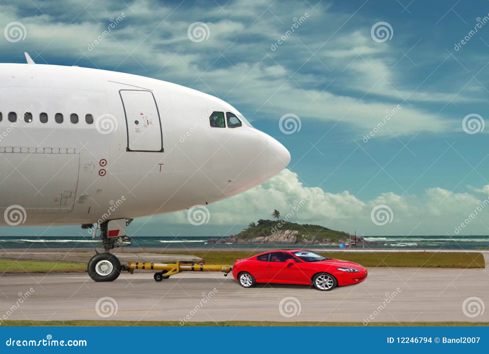 Red Car is Towing Airplane. Leader. Concept. Stock Photo - Image of ...