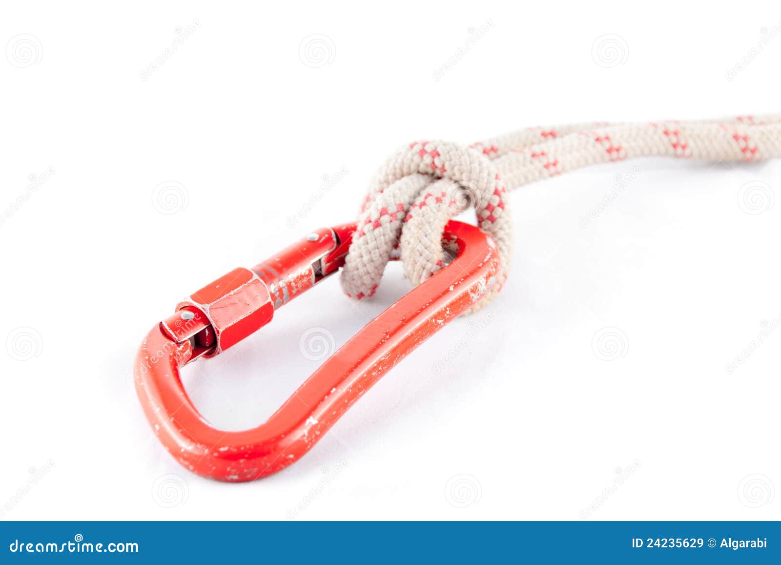 Red Carabiner with a White Rope Stock Image - Image of lock, equipment ...