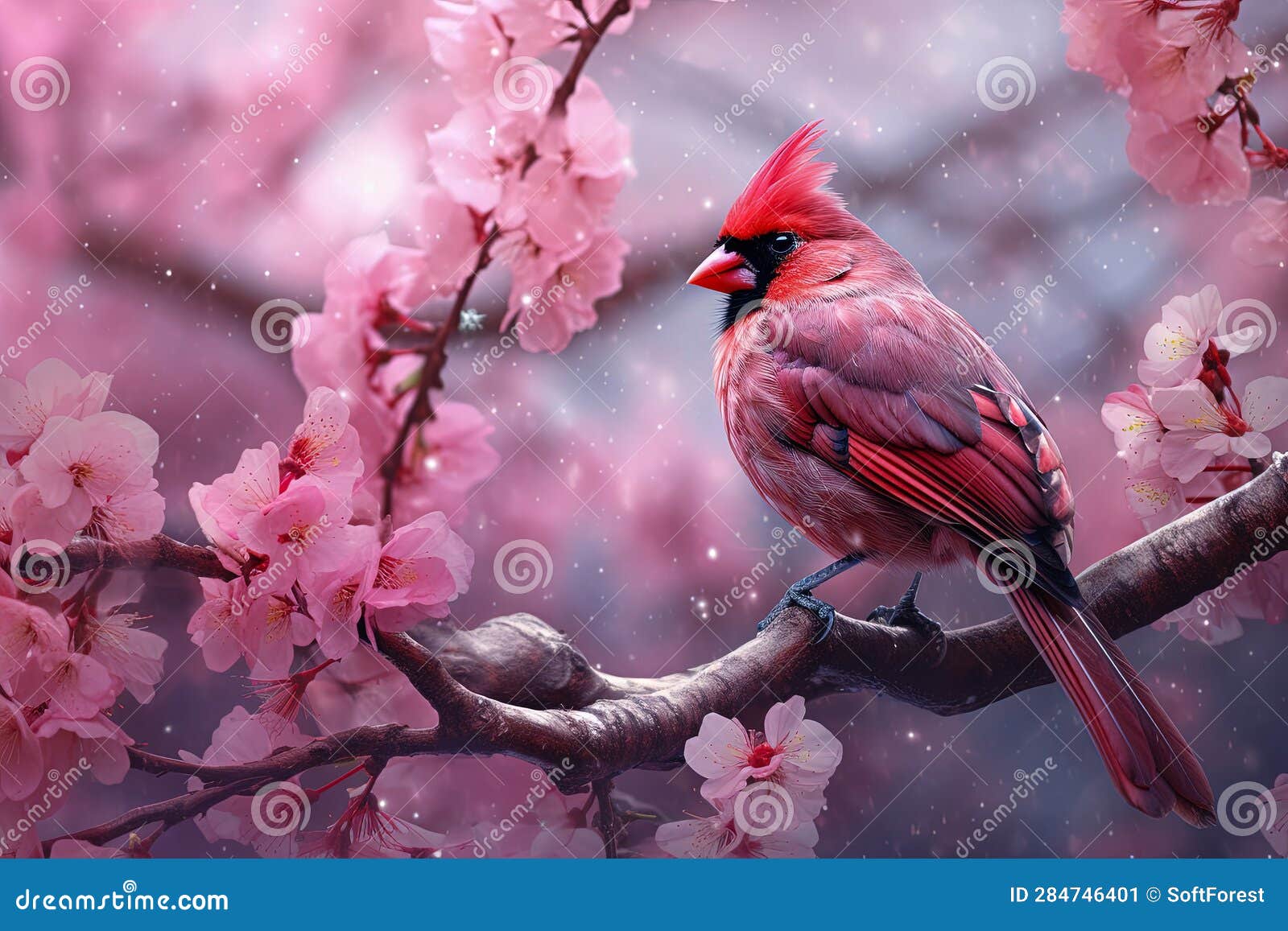 Red Cardinal Bird on a Branch with Cherry Blossoms. Stock Illustration ...
