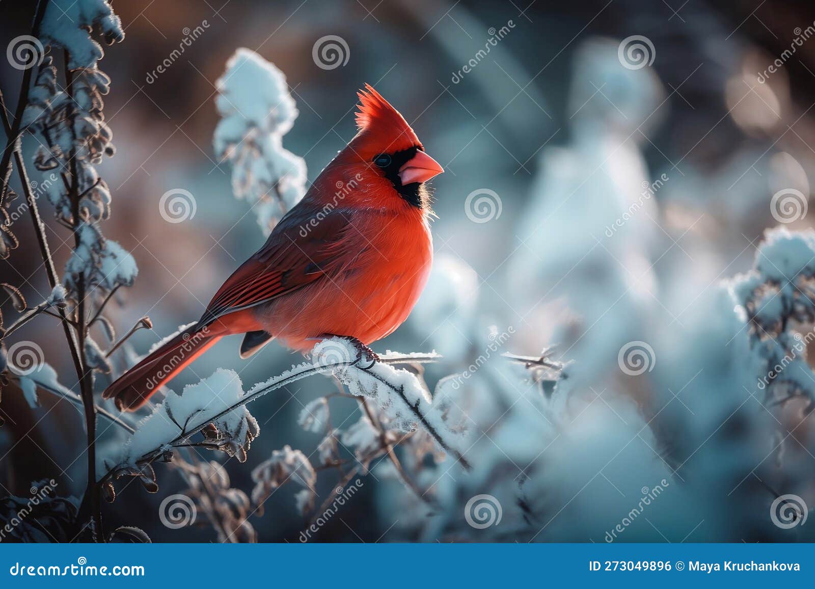 Red Cardinal Bird in Winter Landscape Stock Illustration - Illustration ...