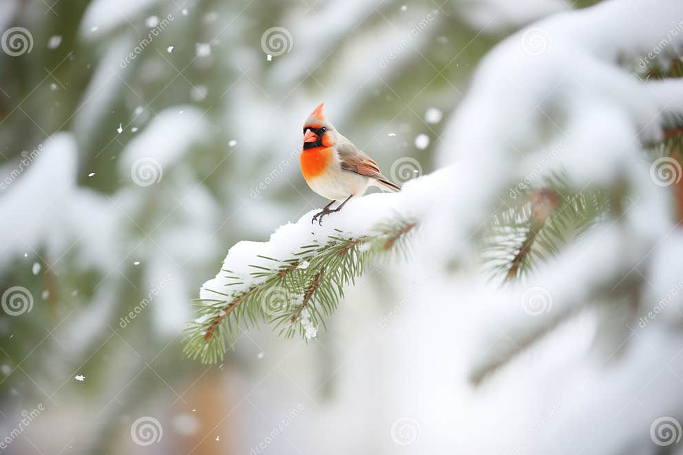 Red Cardinal Perched on a Snowy Cedar Tree Stock Photo - Image of ...