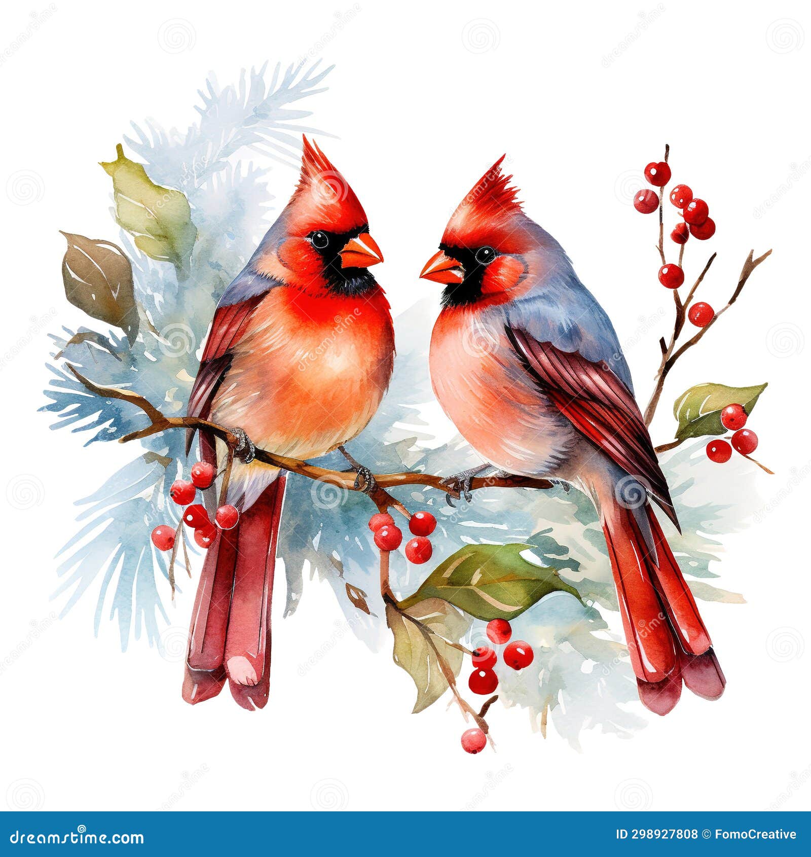 Red Cardinal Sitting on a Branch with Berries Stock Illustration ...