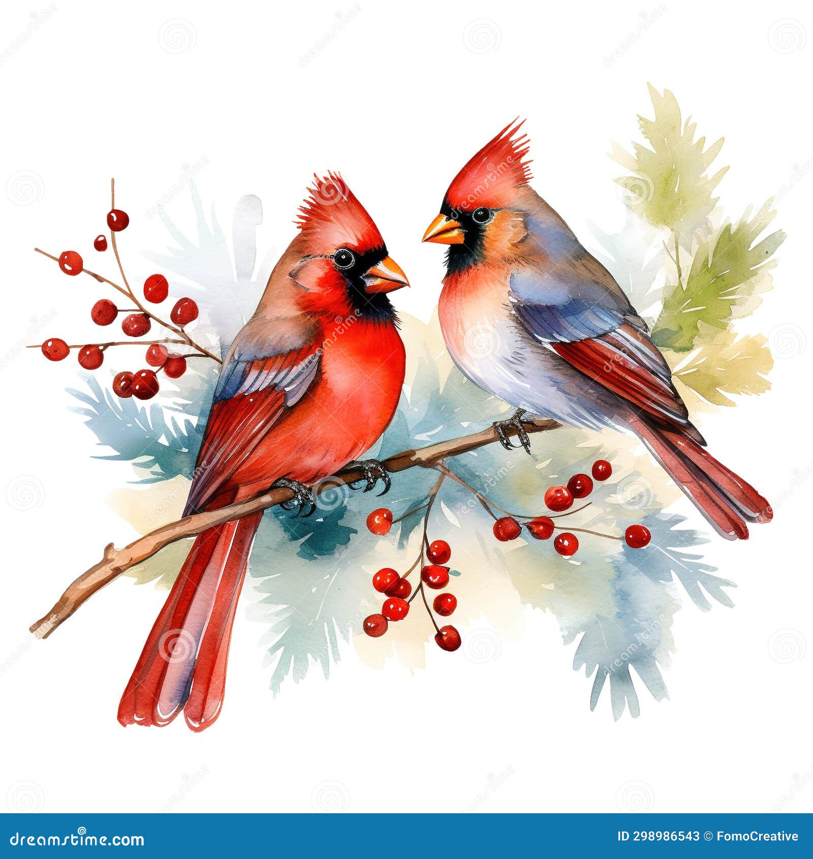 Red Cardinal Sitting on a Branch with Berries Stock Illustration ...
