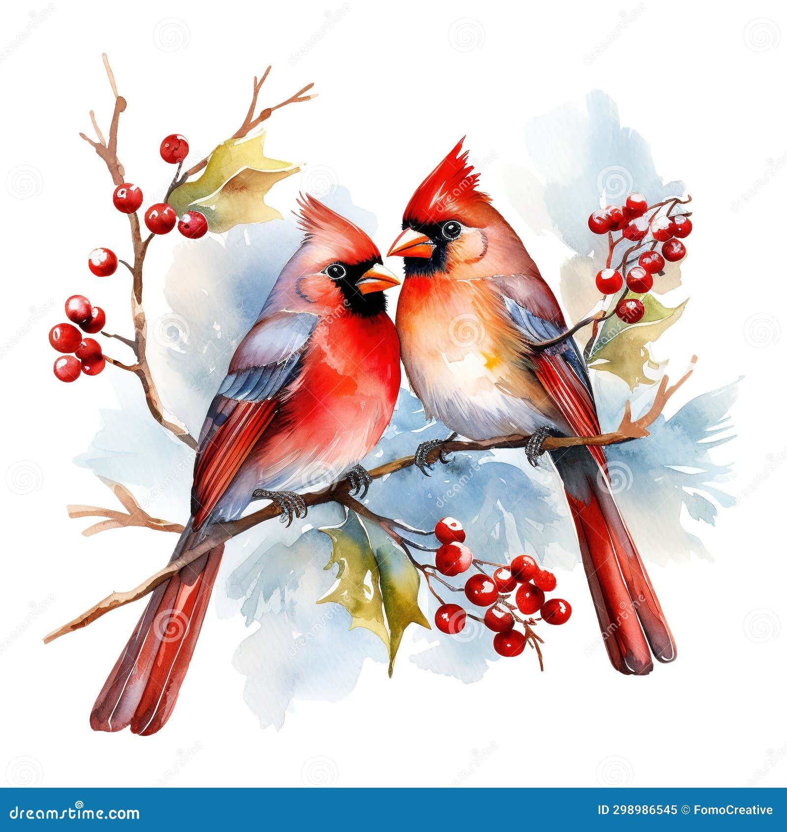 Red Cardinal Sitting on a Branch with Berries Stock Illustration ...