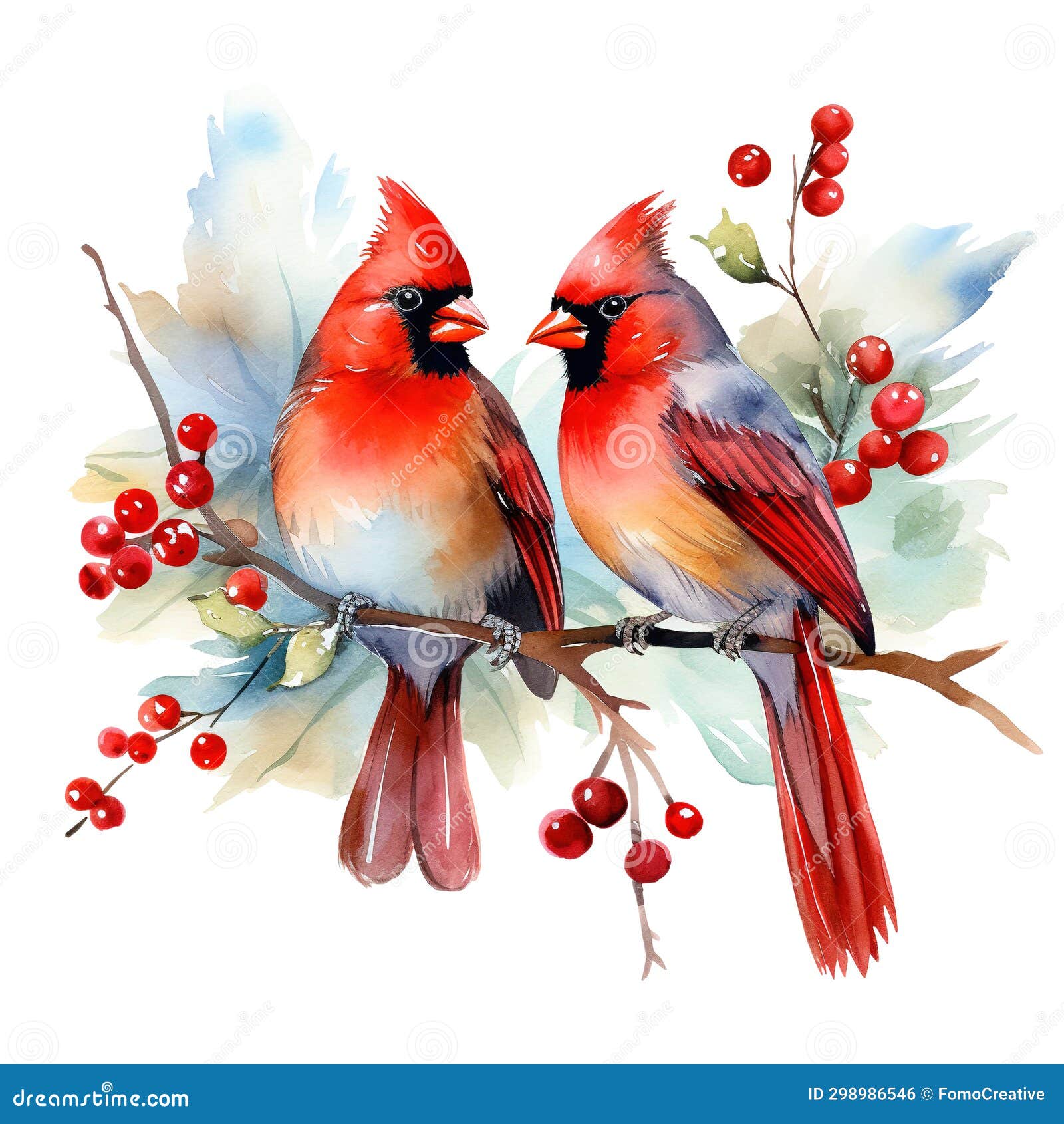 Red Cardinal Sitting on a Branch with Berries Stock Illustration ...