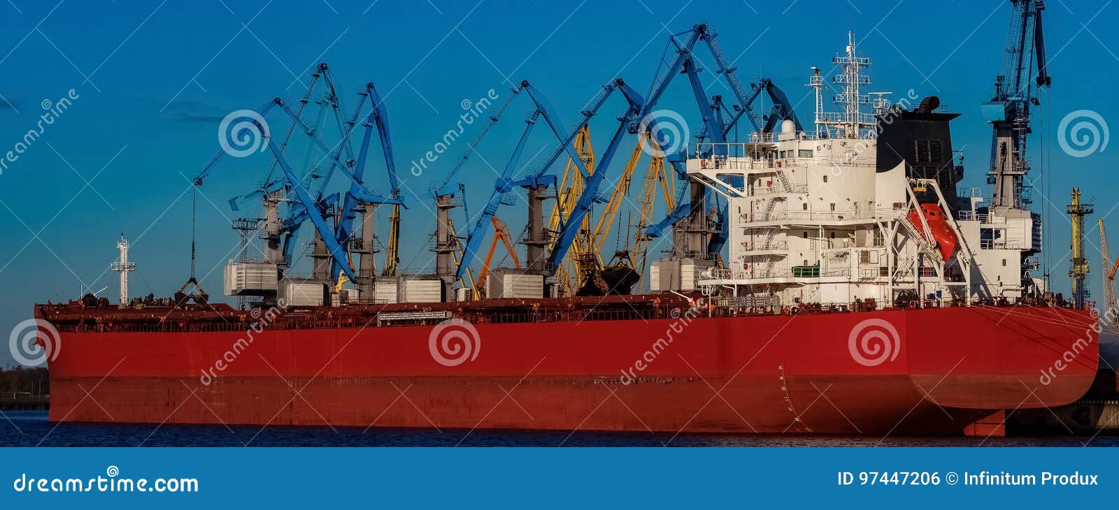 Red cargo ship stock photo. Image of boat, large, blue - 97447206