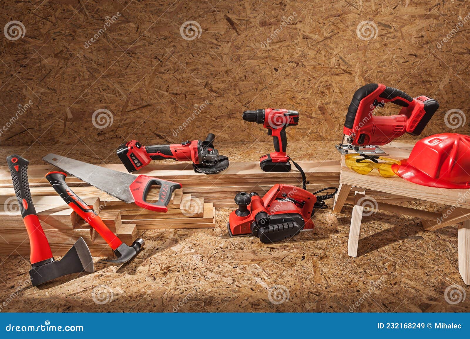 Red Carpenters Tools Set on Background of Plywood Stock Image - Image ...