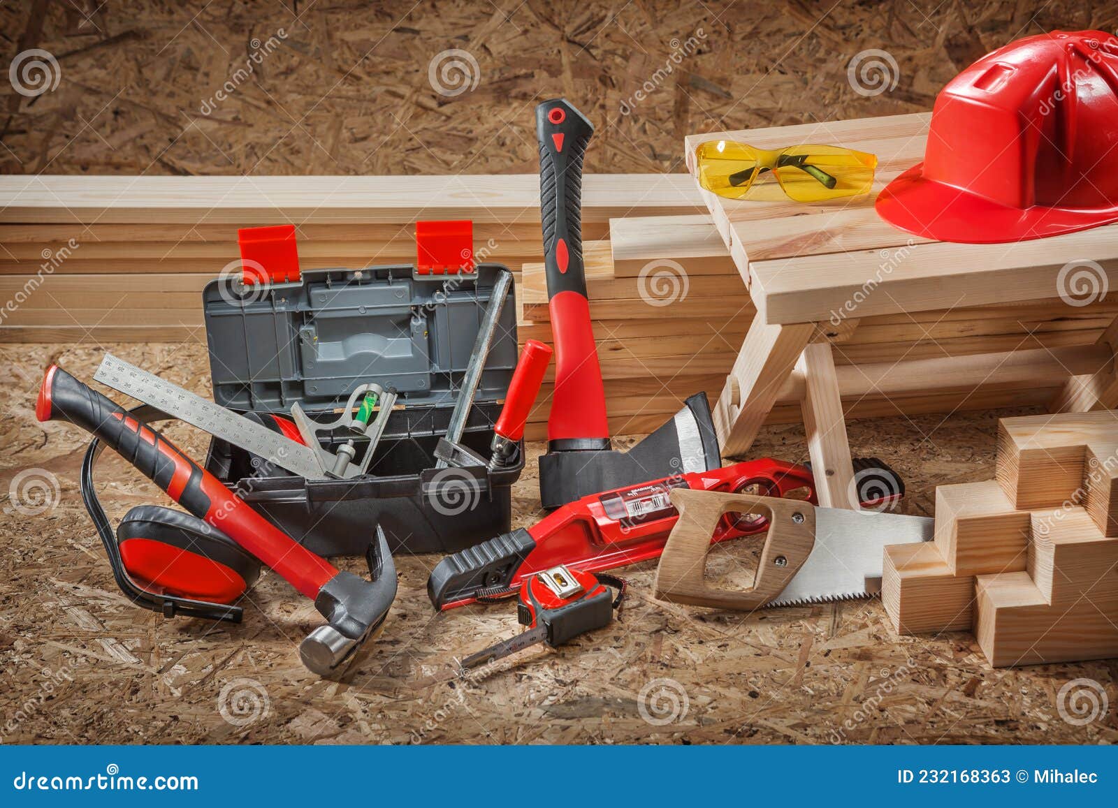 Red Carpenters Tools Set on Construction Site. Plywood Background Stock ...