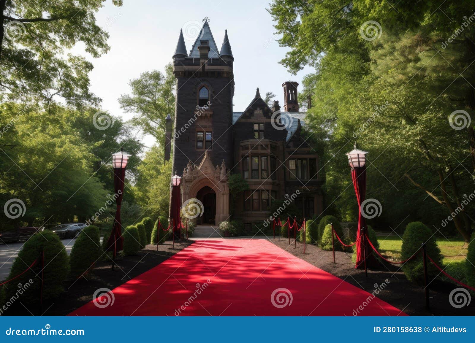 Red Carpet in Front of Gothic Mansion, with Cast-iron Gate and ...
