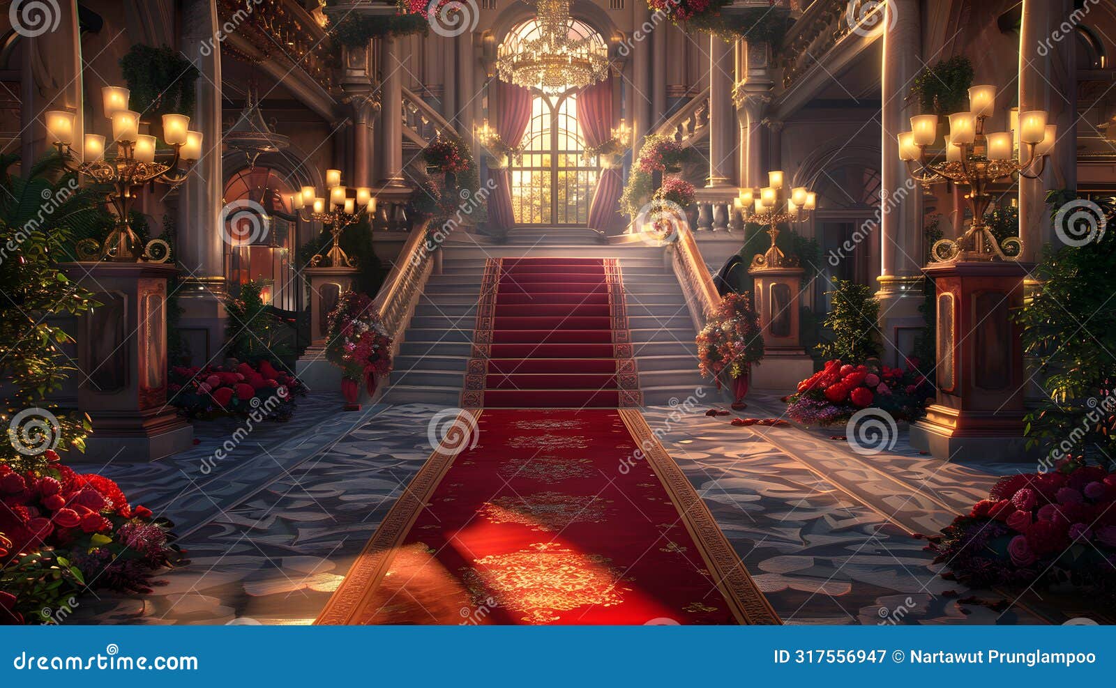 Red Carpet In Royal Palace Interior, 3d Rendering. Computer Digital ...