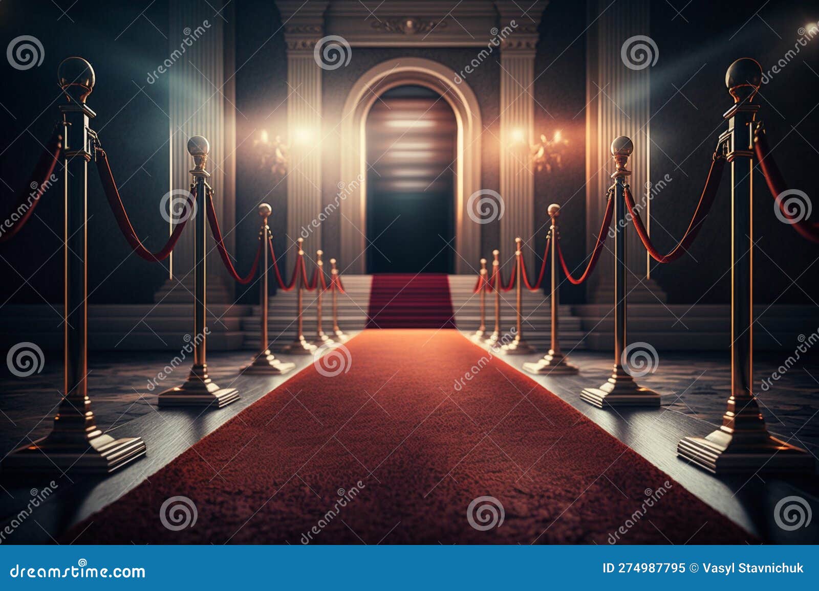 Red Carpet and Velvet Ropes on Golden Columns with Light, Long Red ...