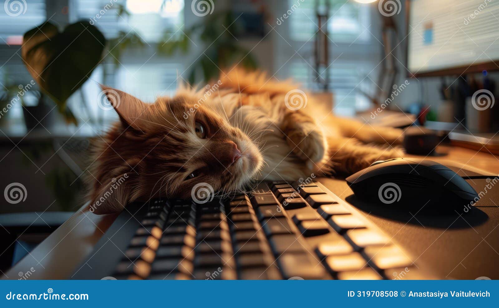 Red Cat Laying on Keyboard in Home Office Stock Photo - Image of ...