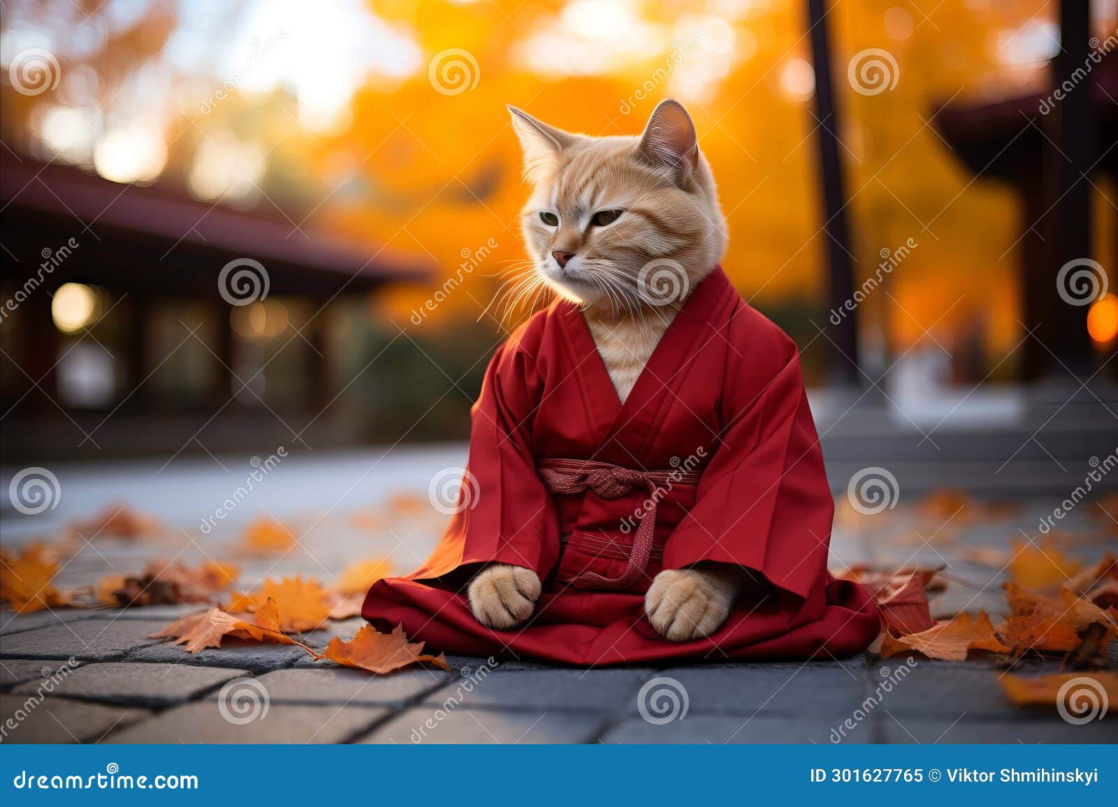 Red Cat Shaolin Monk in a Red Kimono Stock Illustration - Illustration ...