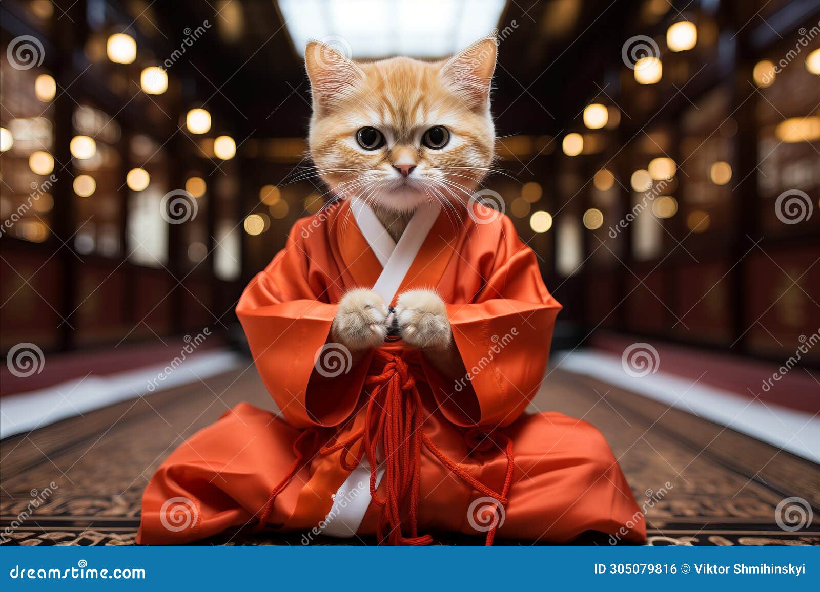 Red Cat Shaolin Monk in a Red Kimono Stock Illustration - Illustration ...