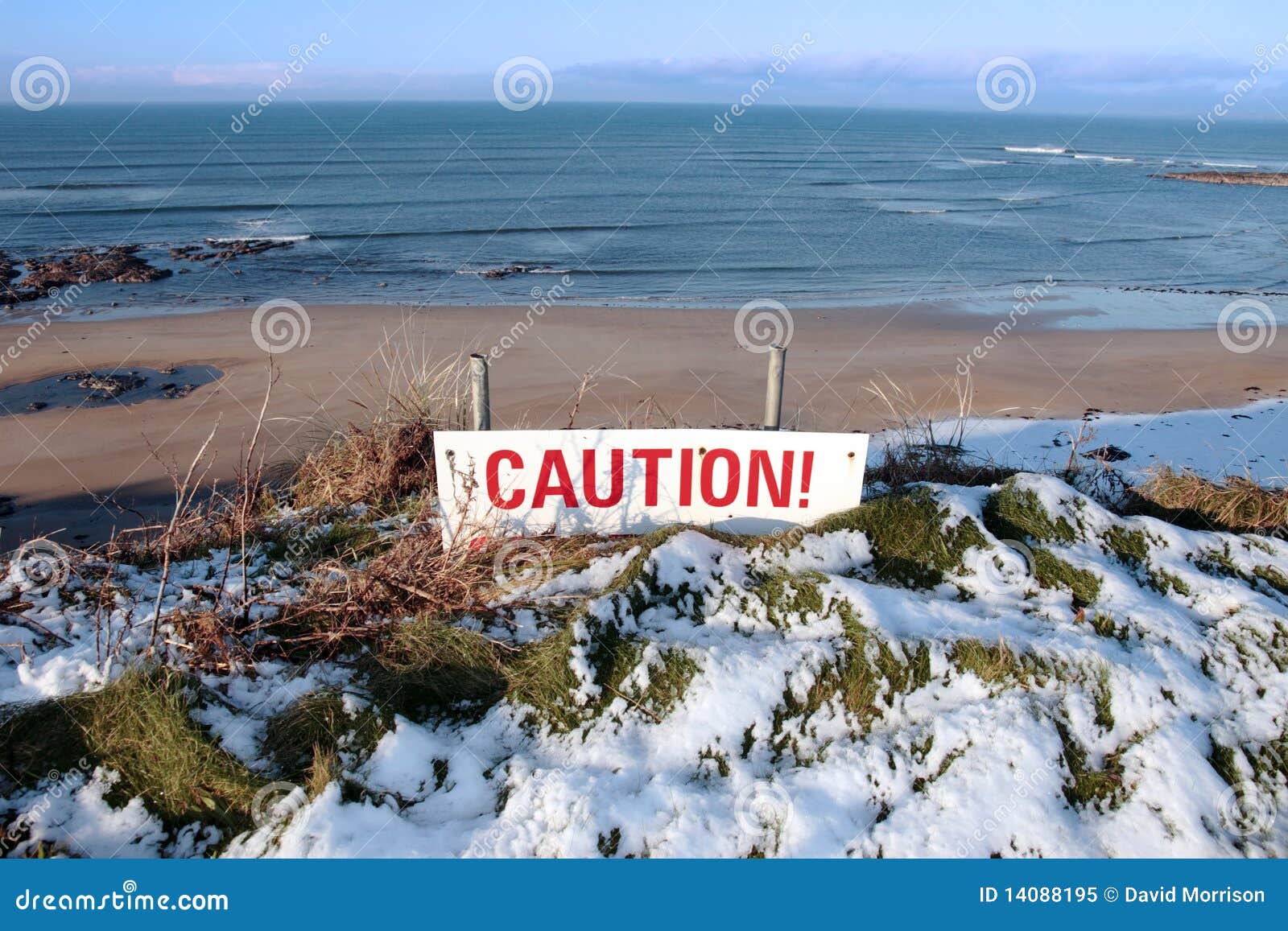 Red Caution Sign On Cliffs Dangerous Slippery Edge Picture. Image: 14088195