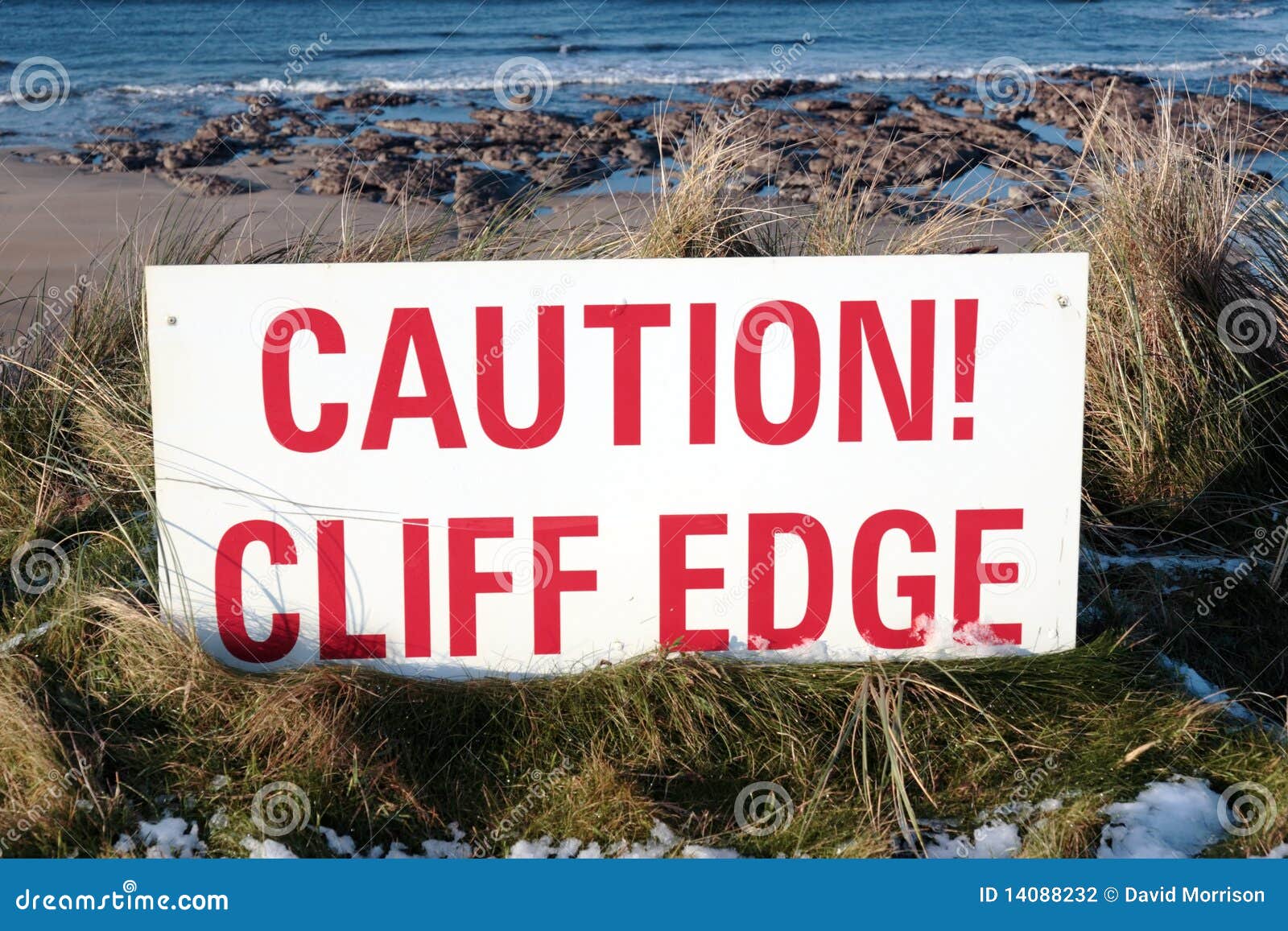 Red Caution Sign on Slippery Cliff Edge Stock Photo - Image of high ...