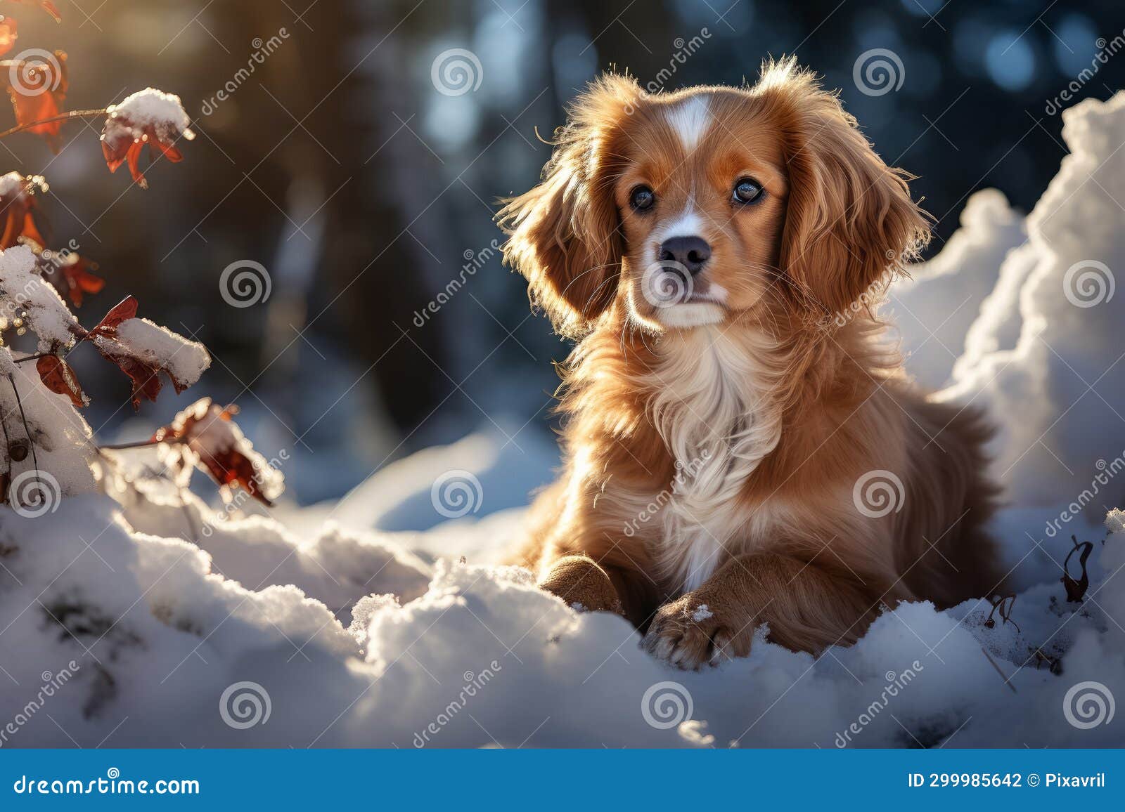 Red Cavalier King Charles Dog in the Snow Stock Illustration ...