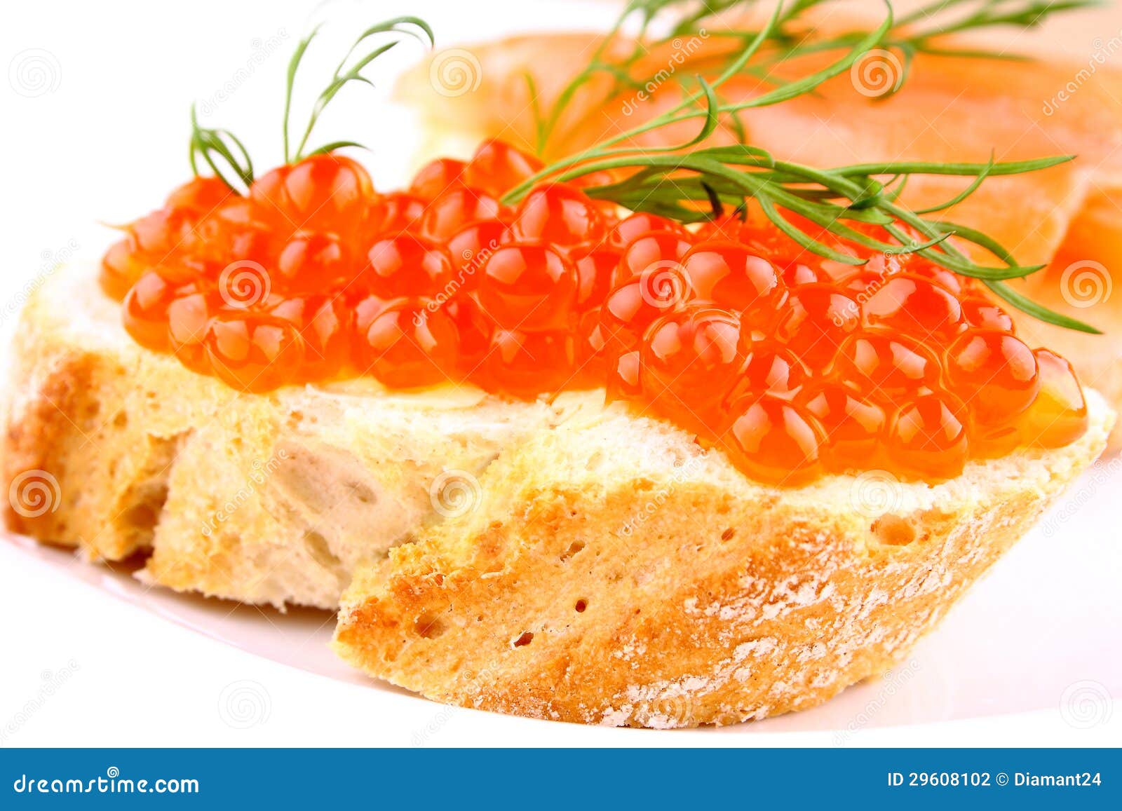 Red Caviar on Bread on White Plate Closeup Stock Photo - Image of dish ...