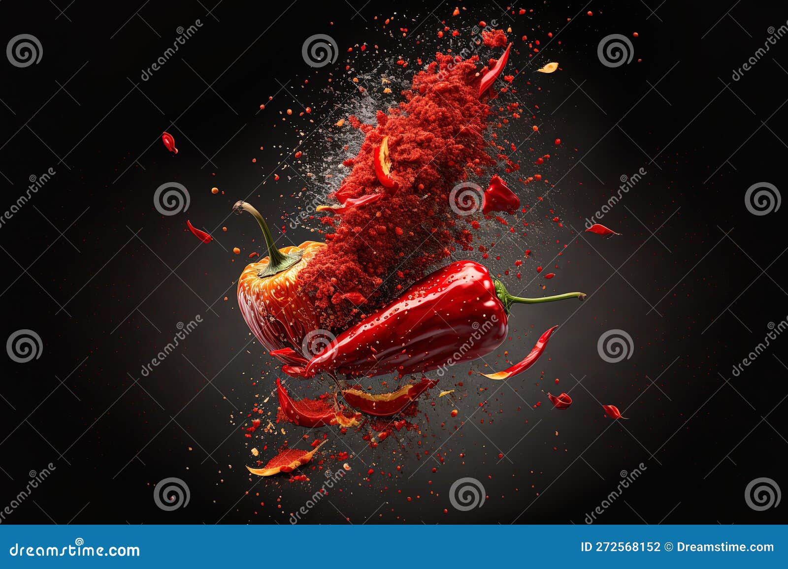 Red Cayenne Pepper Explosion with Flakes and Seeds on a Dark Background ...