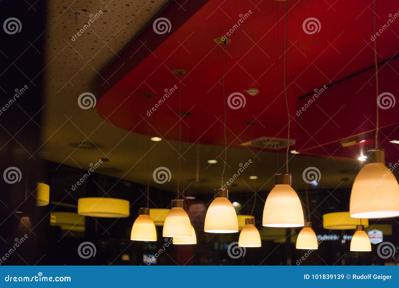 Red Ceiling and Lamps of a Cafe Restaurant at Night Stock Image - Image ...