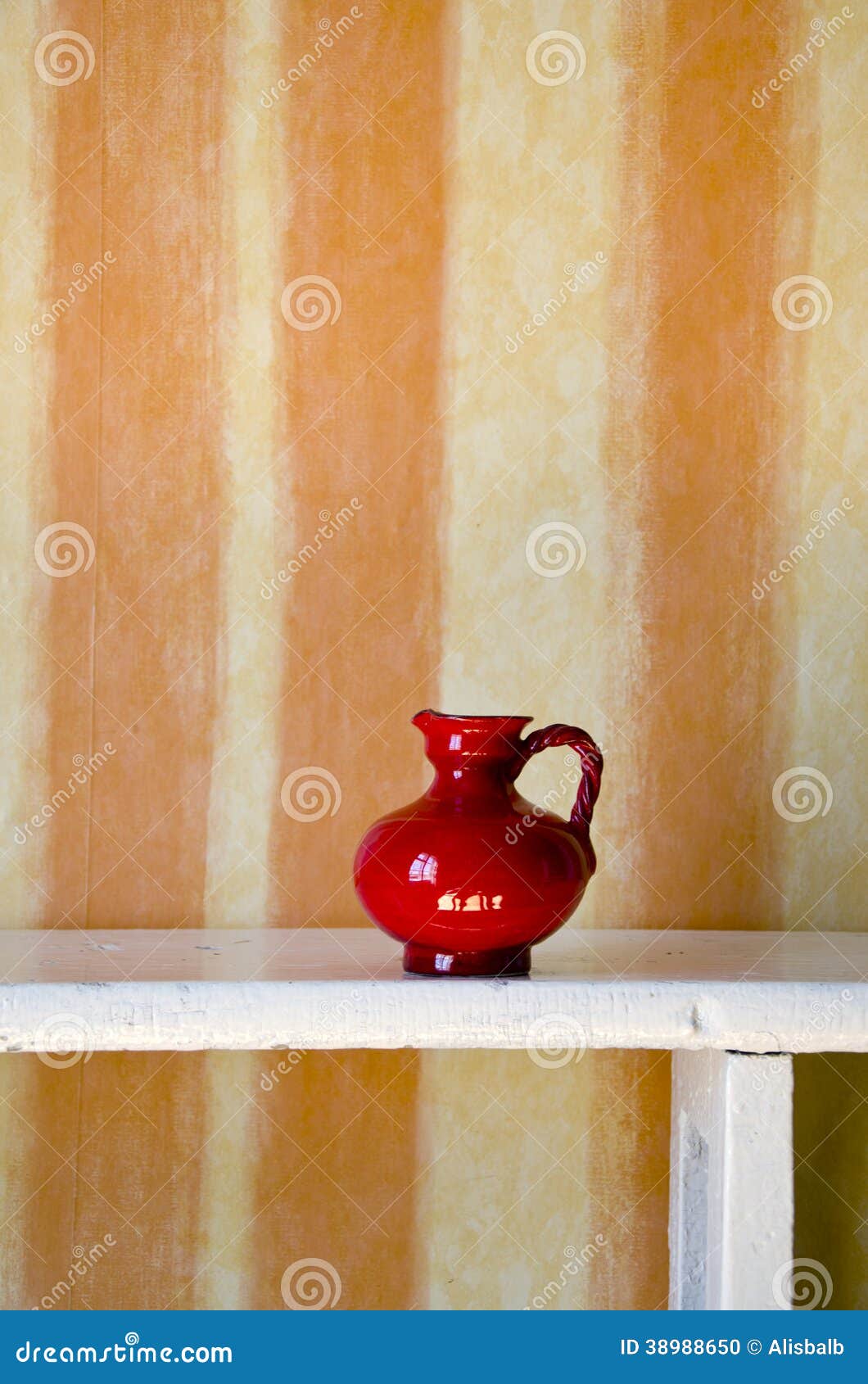 Red Ceramic Jug on White Wooden Shelf Stock Photo - Image of white ...