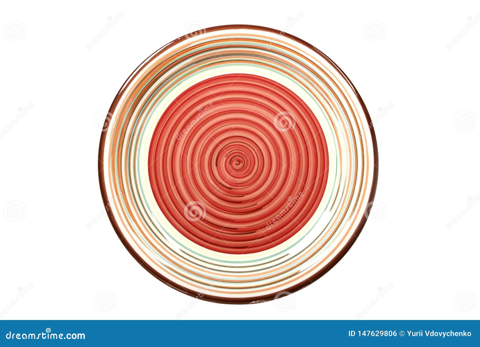 Red Ceramic Plate with a Spiral Pattern on a White Background. Top View ...