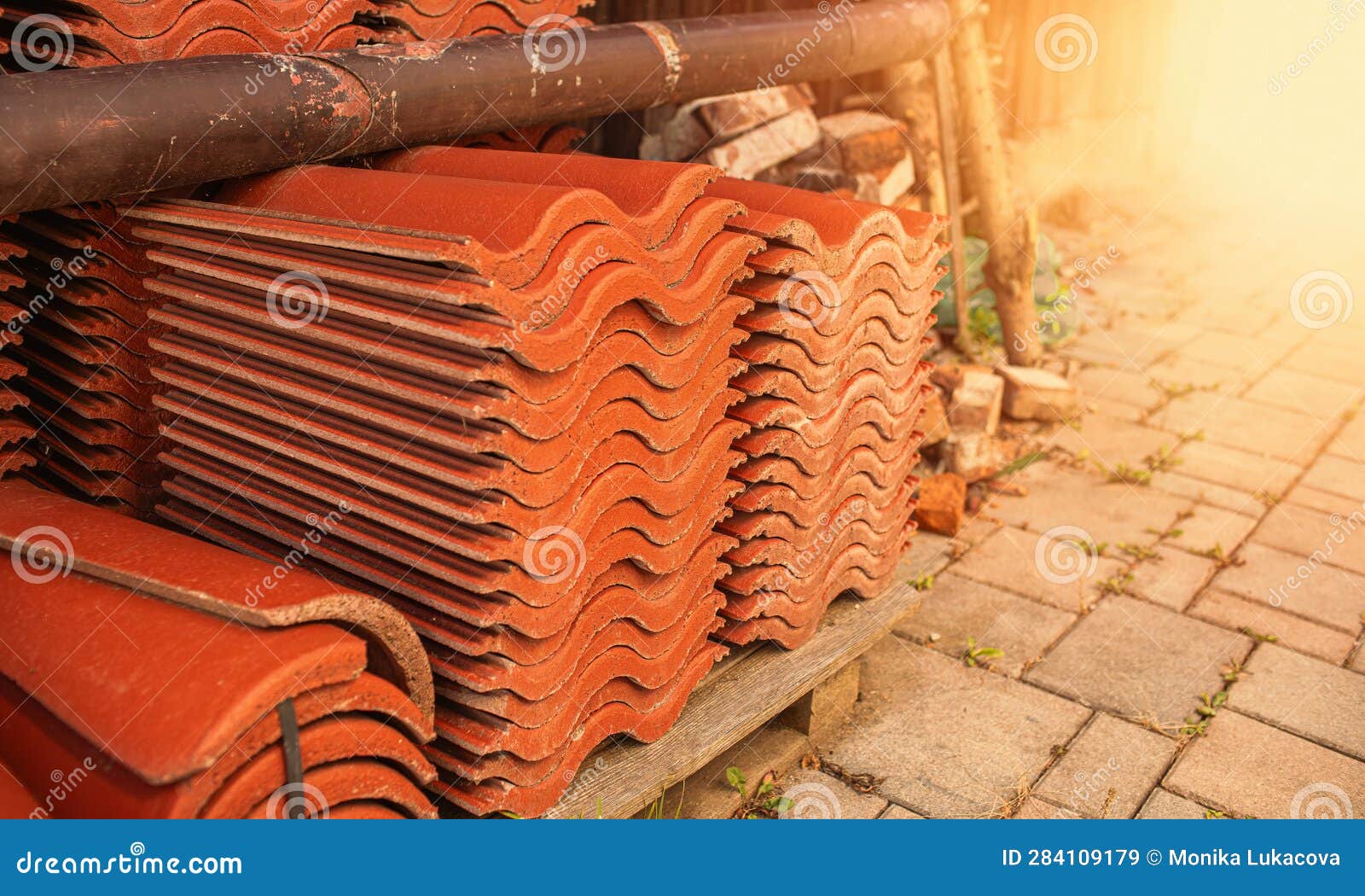 Red Ceramic Roof Tiles Stack in Backyard.High Quality Photo Stock Image ...