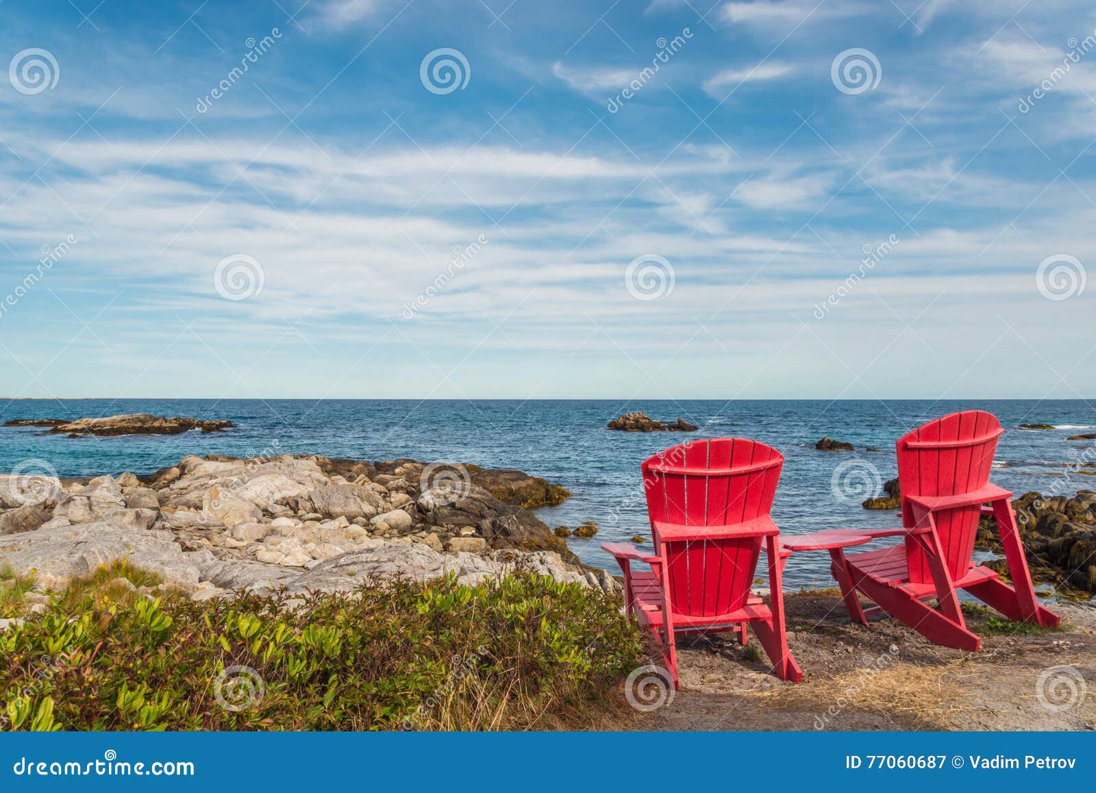 Red Chairs Facing Keji Seaside Beach (South Shore, Nova Scotia, Stock ...