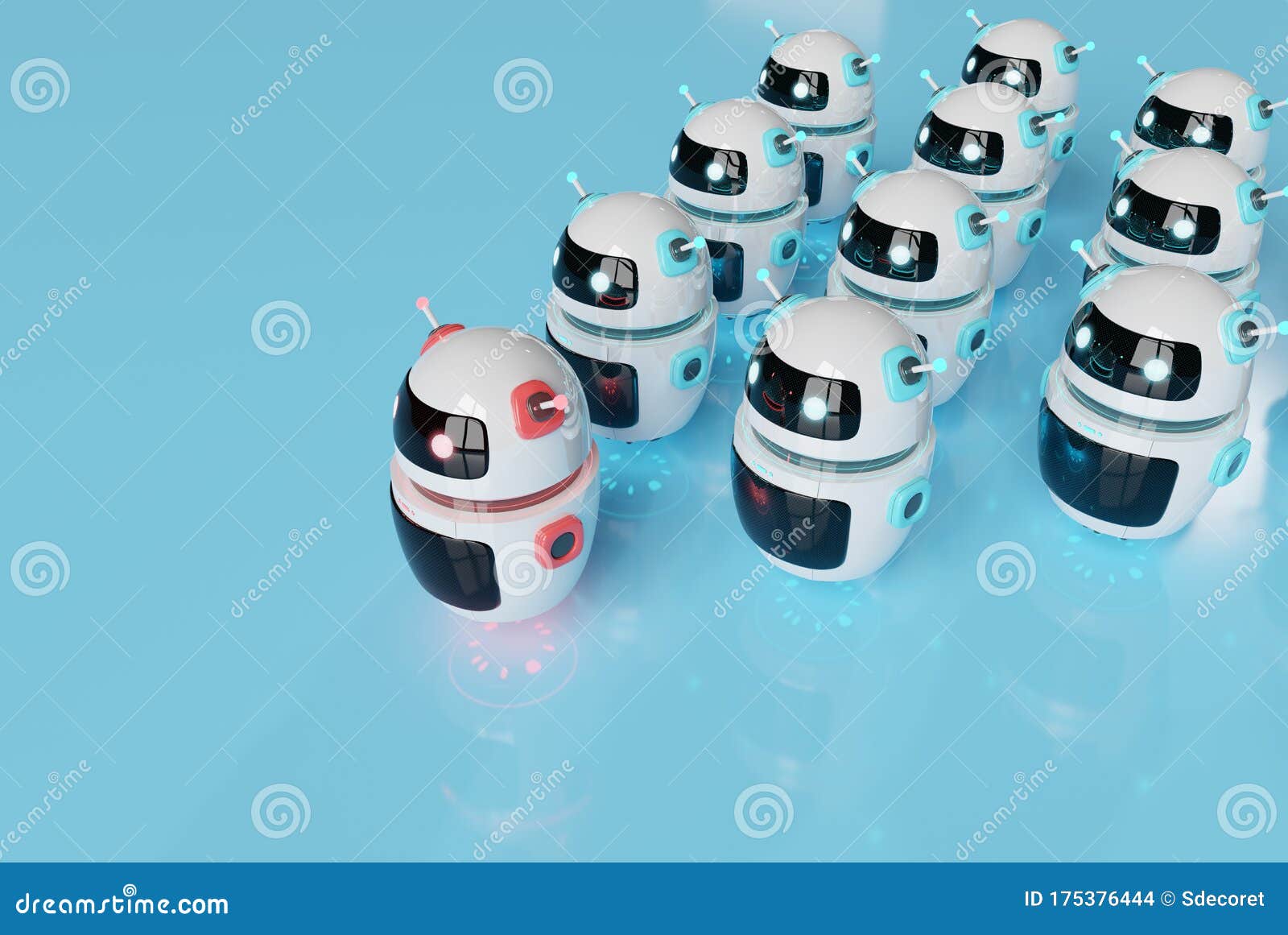 Red Chatbot Robot Leading White Robots on Blue Background 3D Rendering ...