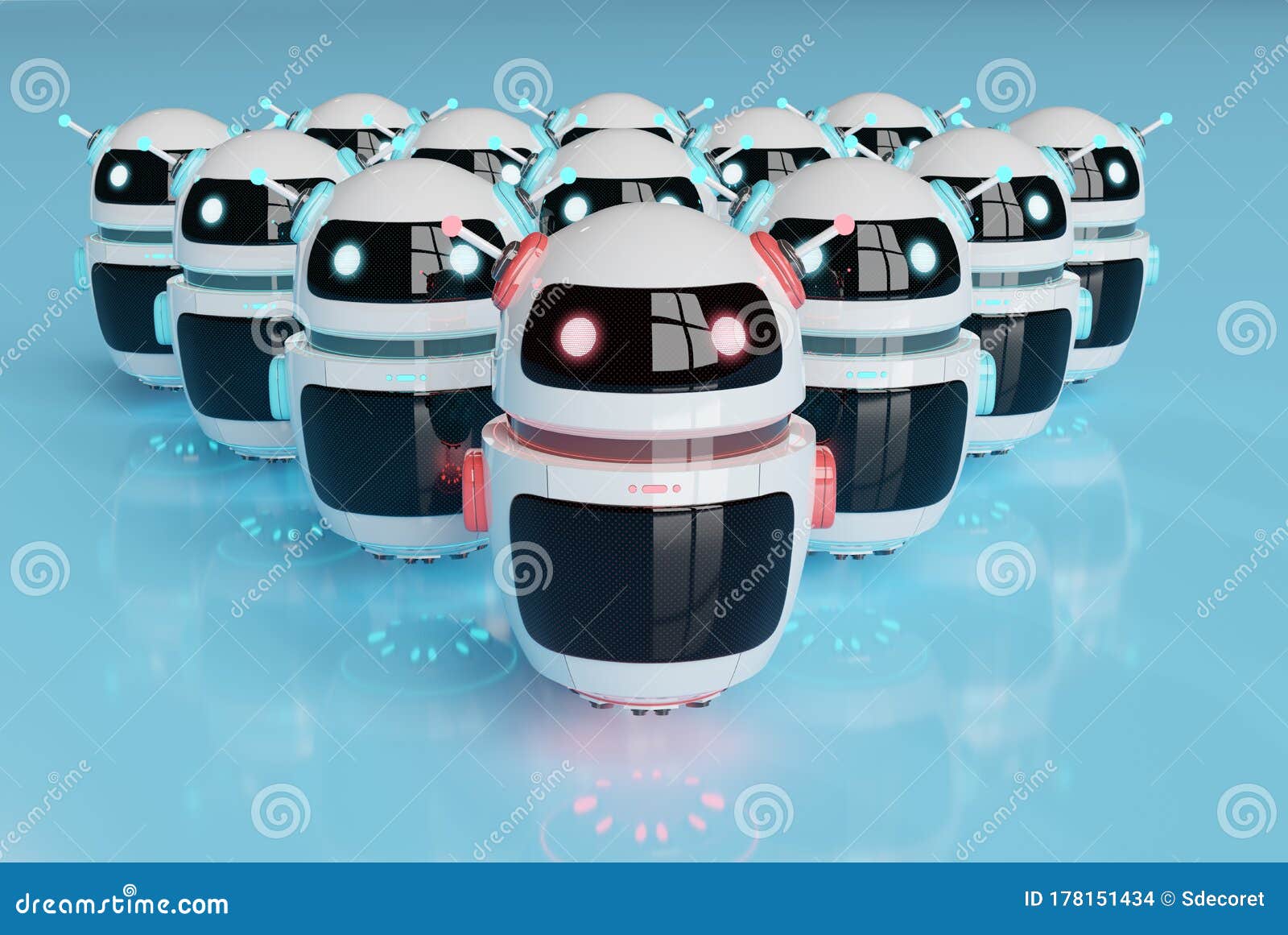 Red Chatbot Robot Leading White Robots on Blue Background 3D Rendering ...