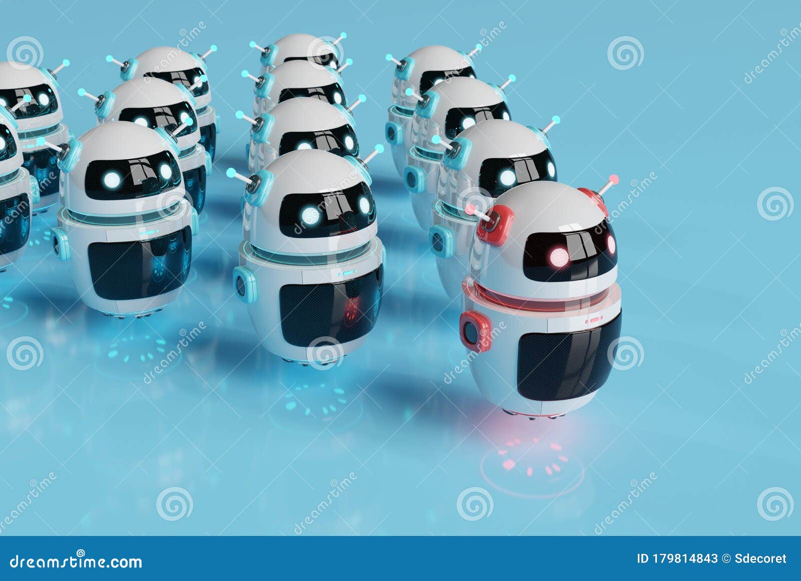 Red Chatbot Robot Leading White Robots on Blue Background 3D Rendering ...