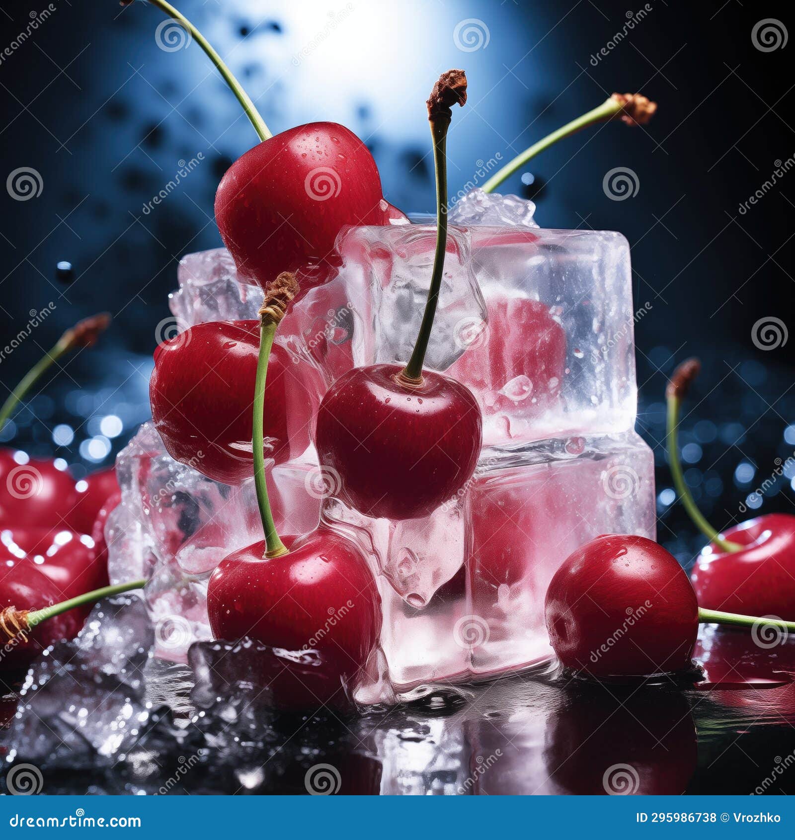 Red Cherries with Ice Cubes on Blue Background Stock Photo - Image of ...