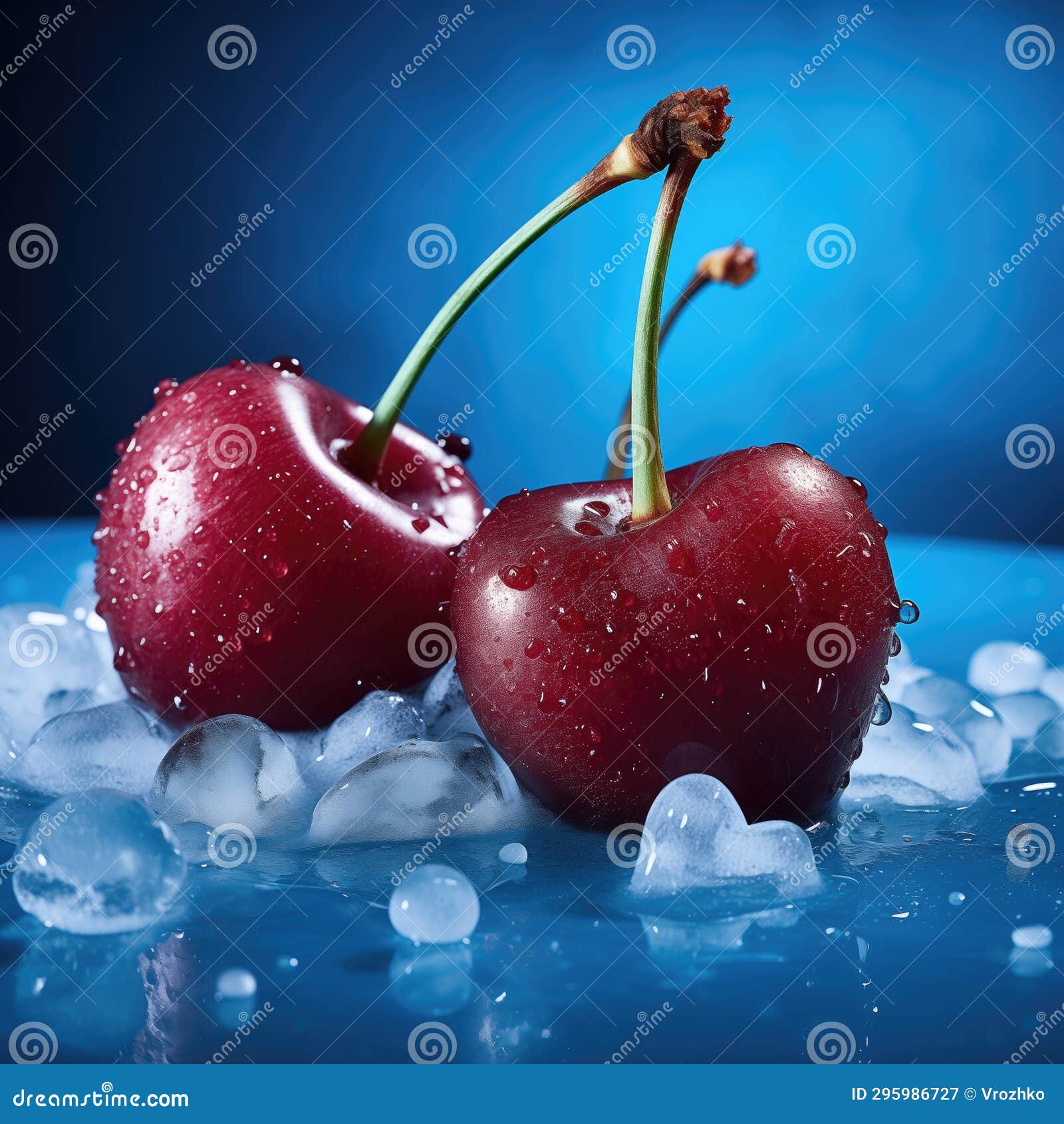 Red Cherries with Ice Cubes on Blue Background Stock Image - Image of ...