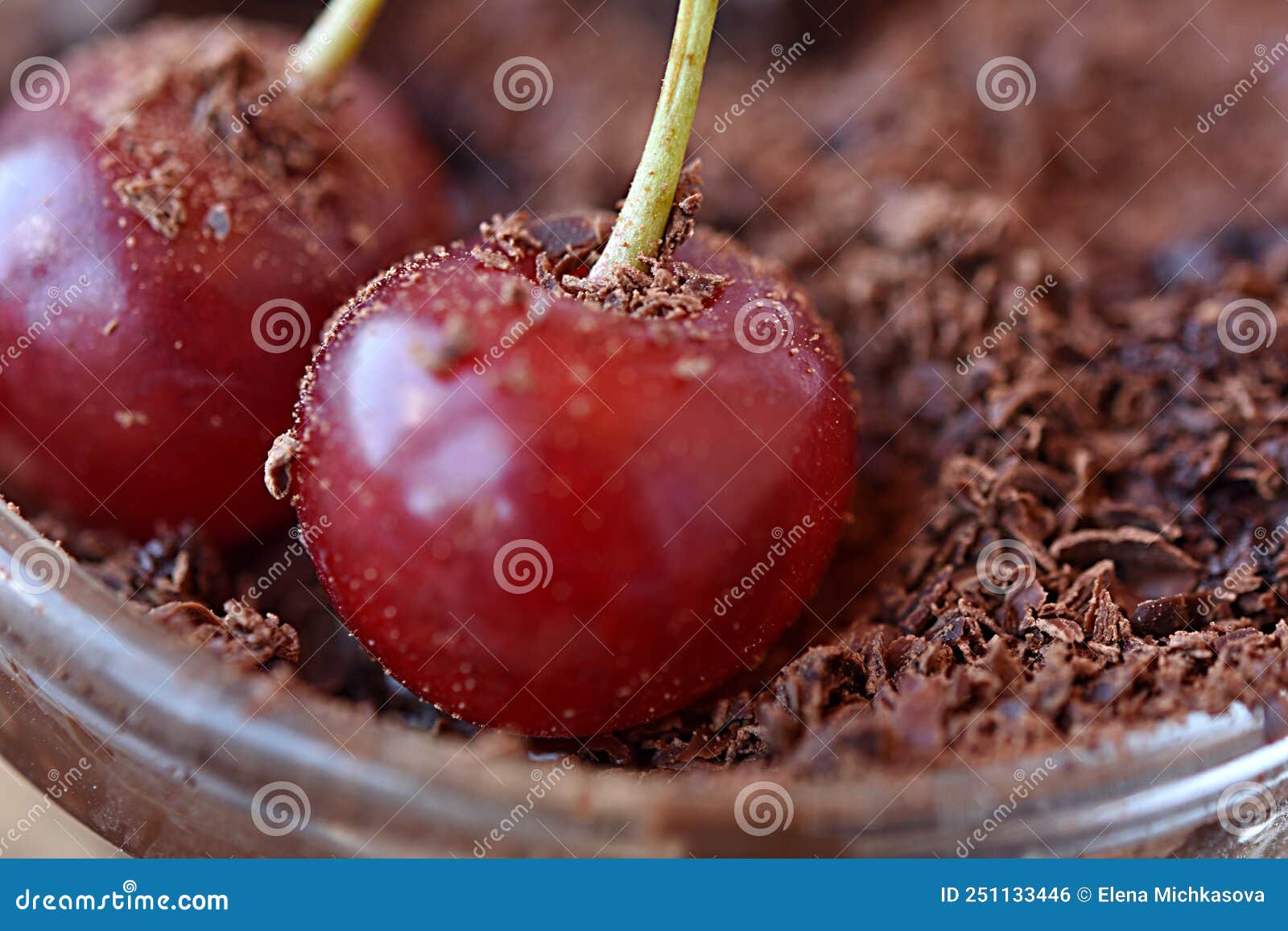 Red Cherry in Chocolate Chips and Dark Chocolate Pieces. Dessert Stock ...