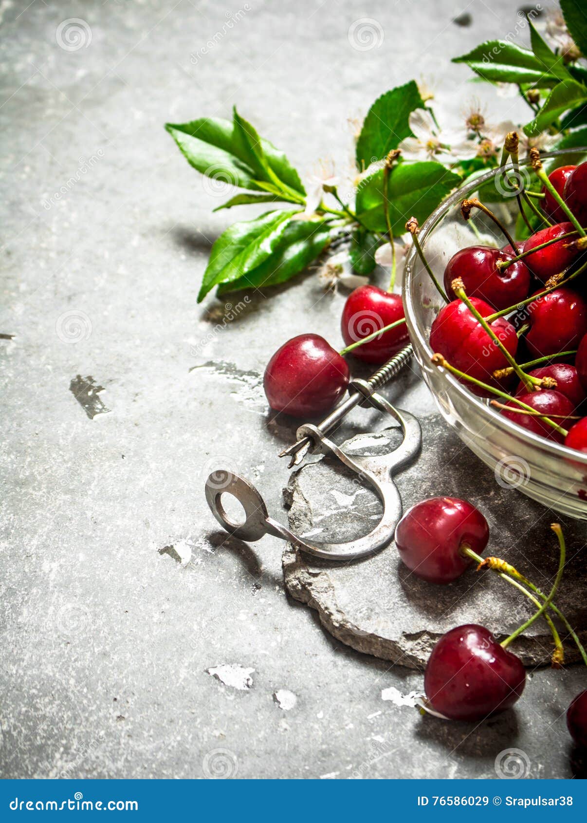 Red Cherry in the Cup and Metal Tool for Cherries. Stock Image - Image ...