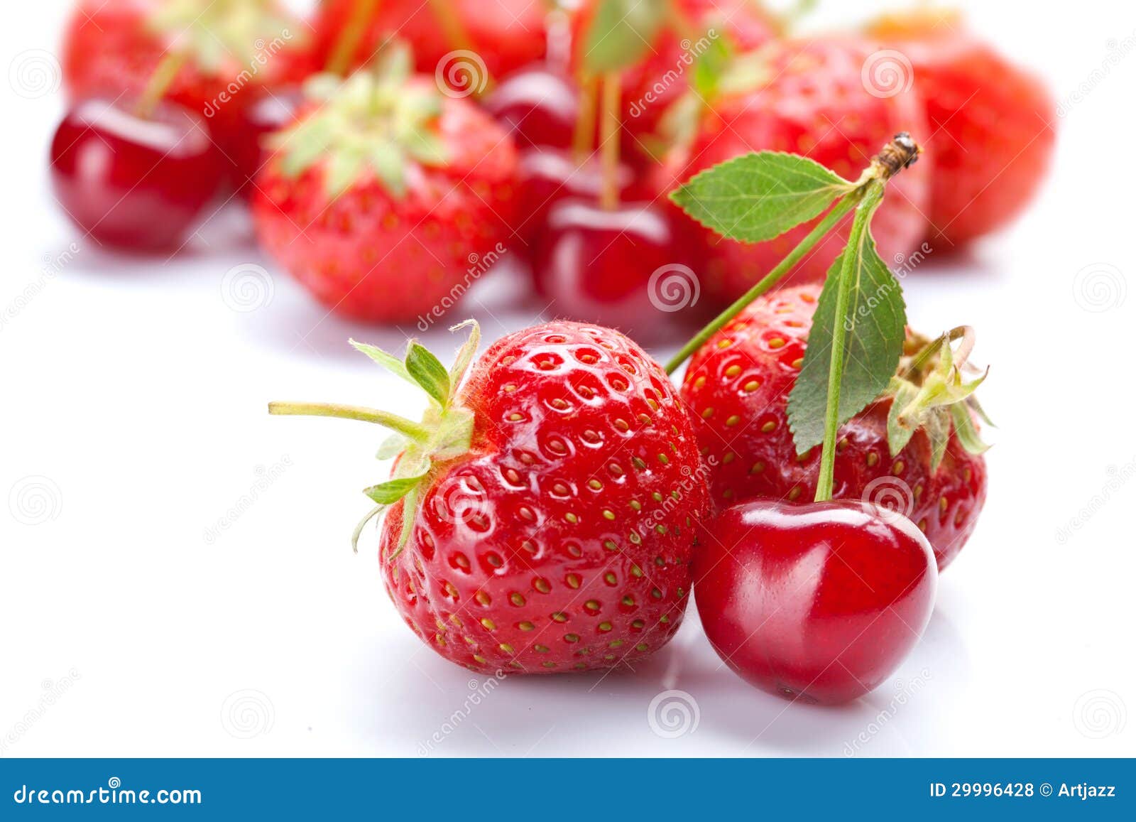 Red Cherry with Strawberry on White Stock Photo - Image of reflection ...