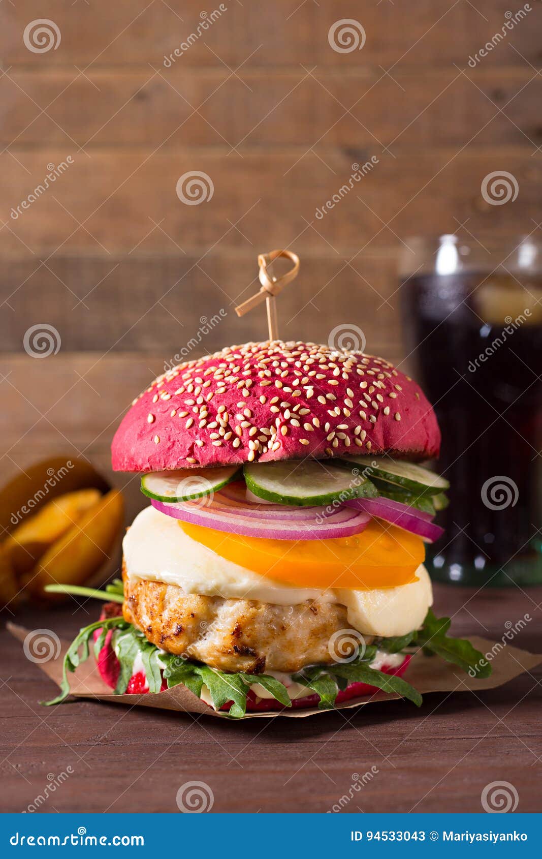 Red Chicken Burger on Wood Background with Fried Potato and Cola Stock ...