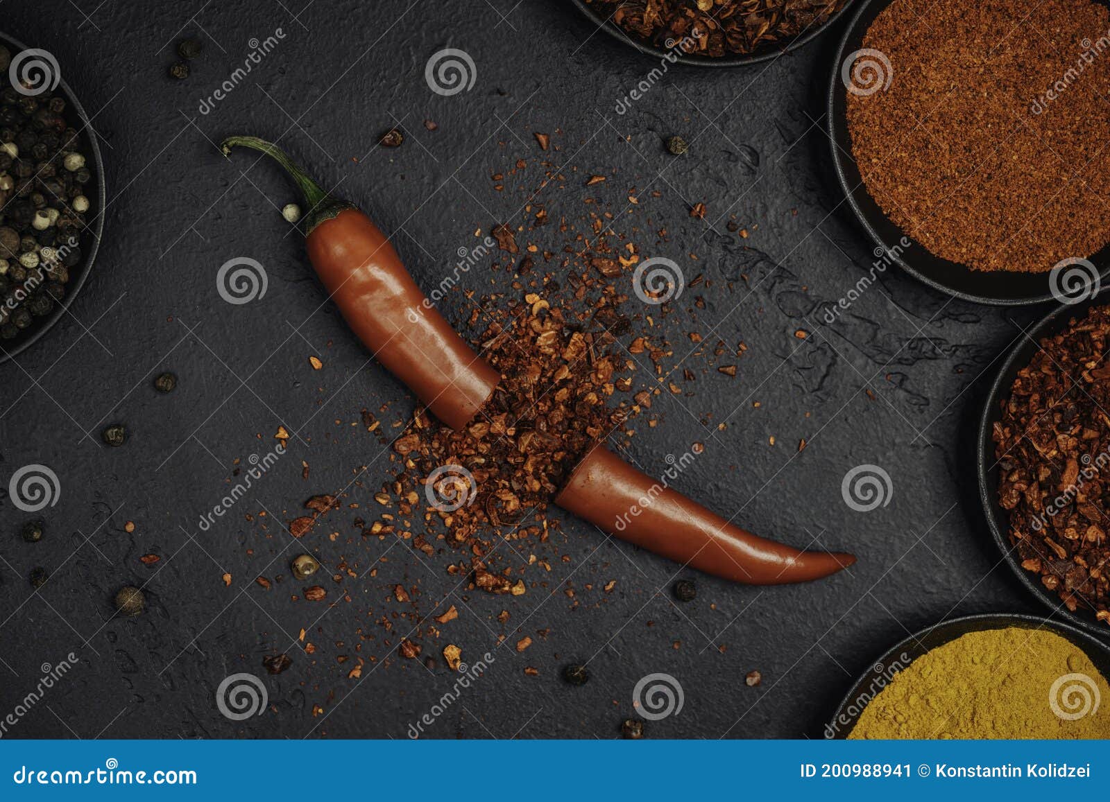 Red Chili Exploded into Small Pieces. Pepper in a Bowl Stock Image ...