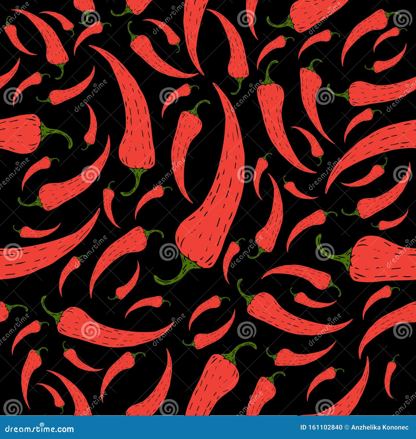 Red Chili Pepper Pattern on Black Background Stock Illustration ...