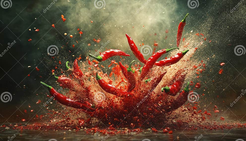 Red Chili Peppers Exploding into a Cloud of Spice in a Dramatic Kitchen ...