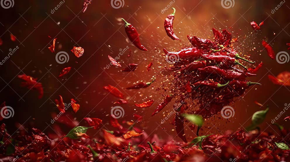 Red Chili Peppers Exploding in Mid Air with a Red and Orange Background ...