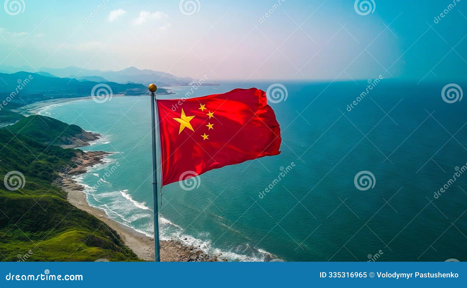 A Red Chinese Flag Flying Over the Ocean on a Sunny Day Stock Image ...
