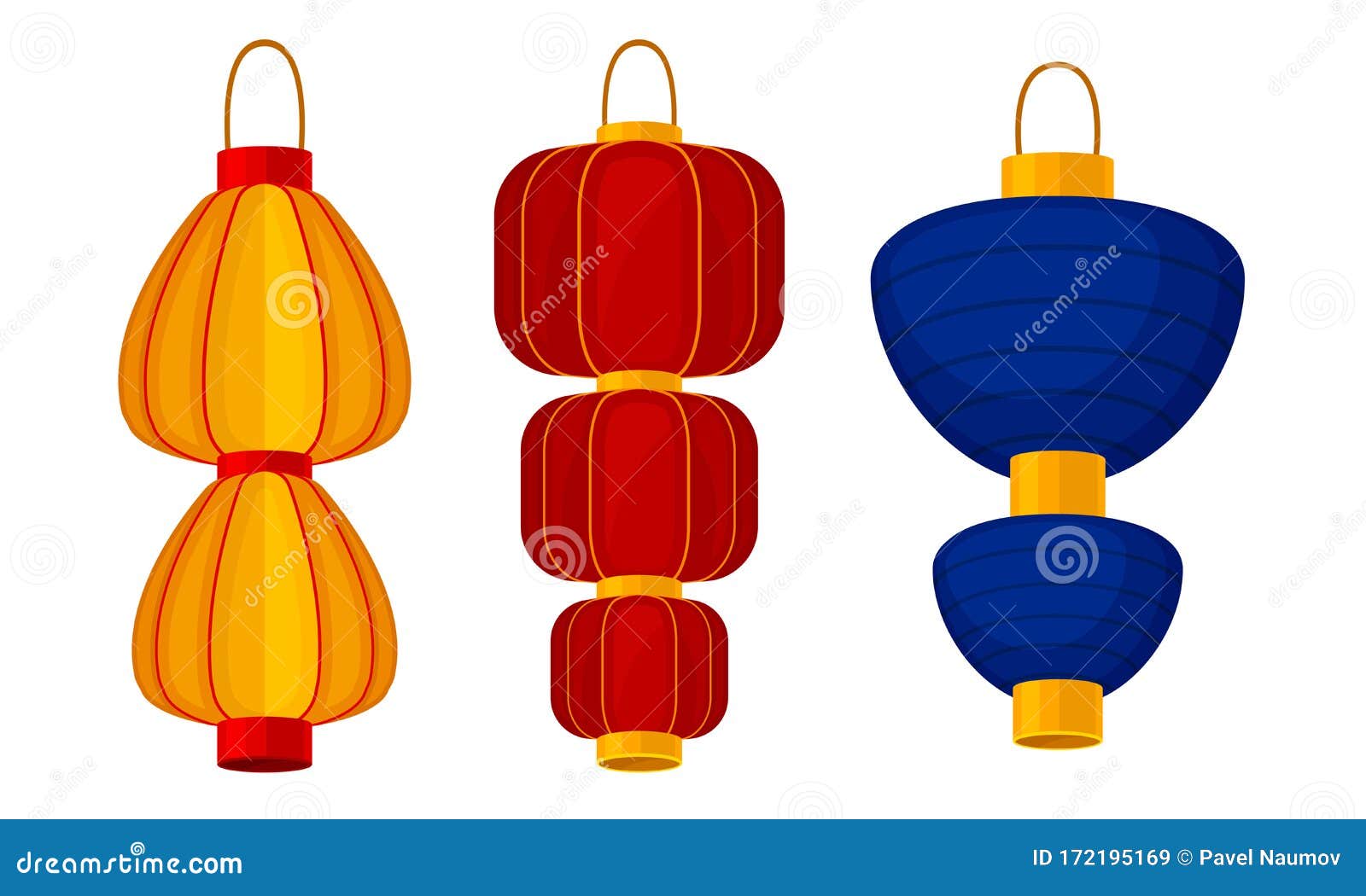 Red Chinese Rounded and Square Shaped Hanging Lanterns Vector Set Stock ...